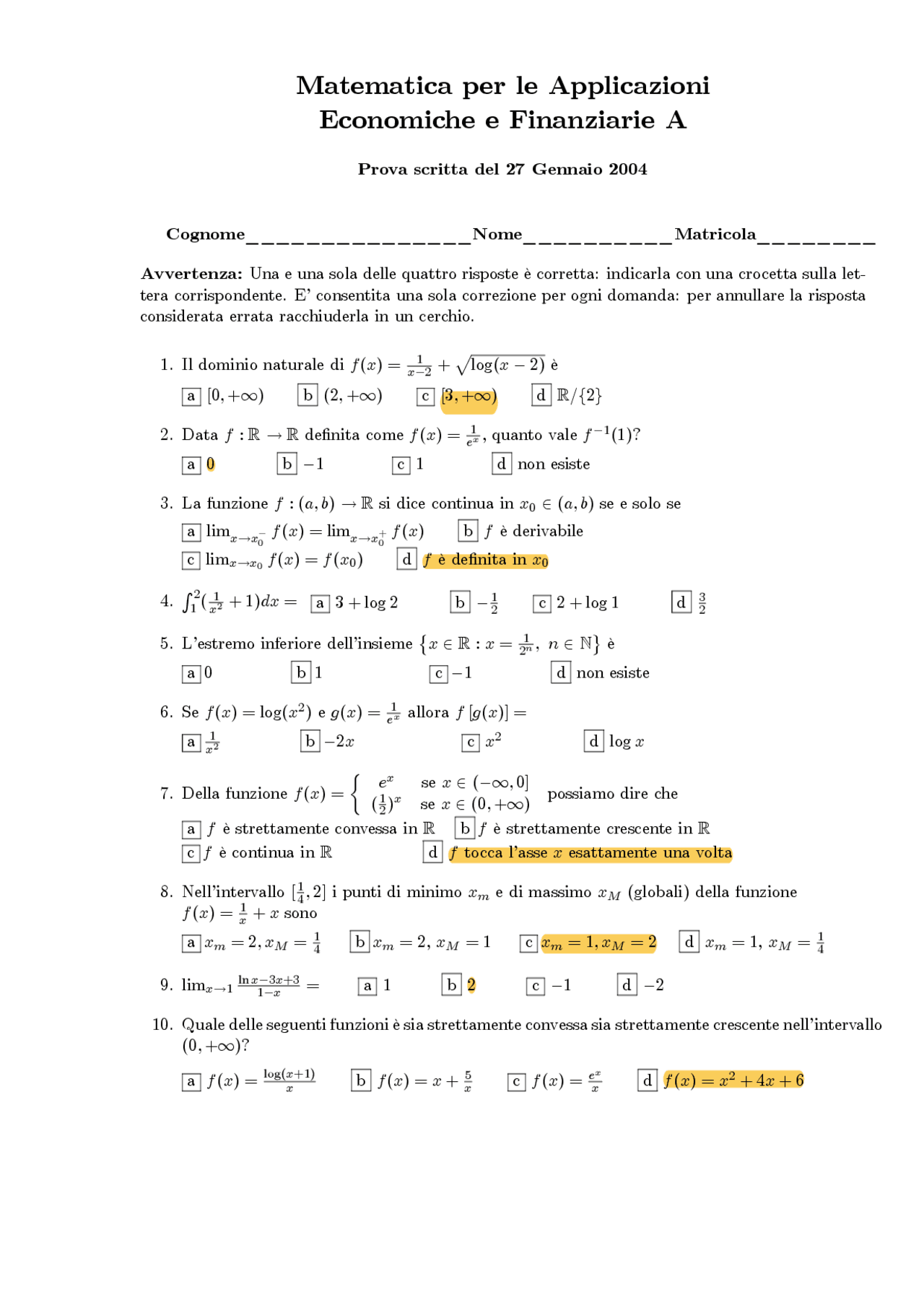 Esercizi Matematica Aziendale Esercizi Di Matematica Generale Docsity