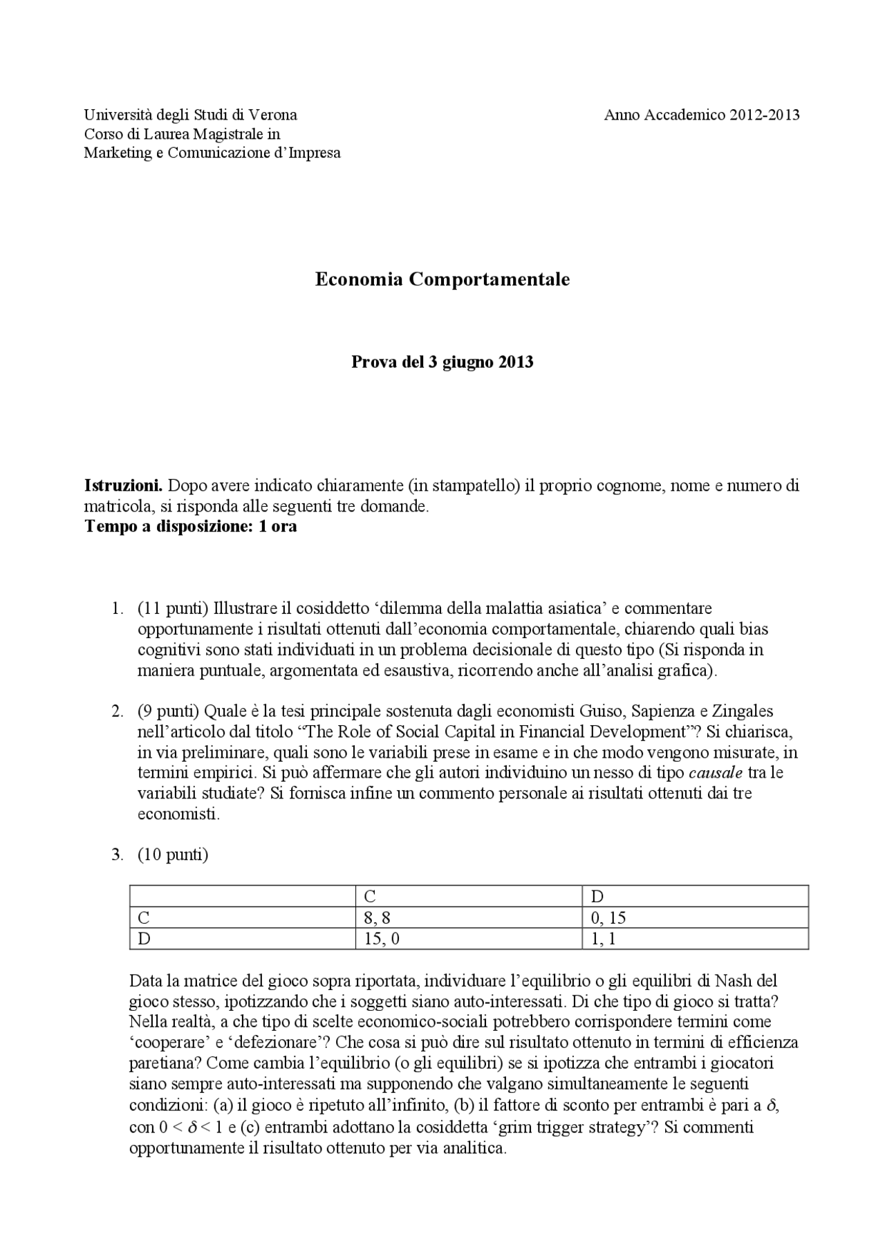 Prova Esame Economia Comportamentale Docsity