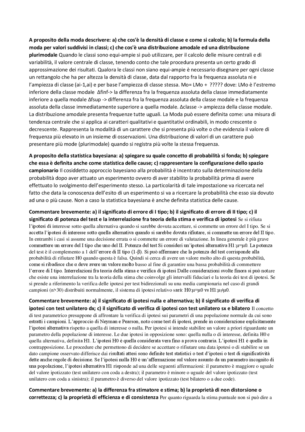 Paniere Di Statistica Domande Aperte Docsity