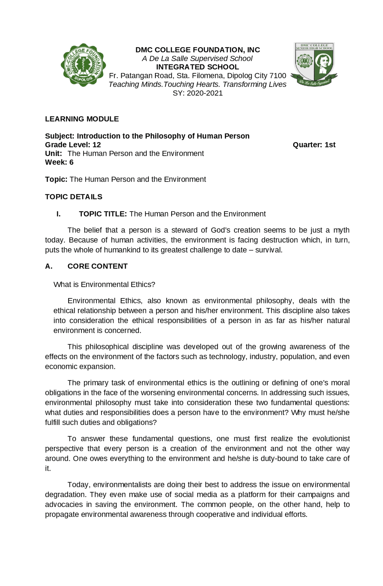 Environmental Value Systems Docsity