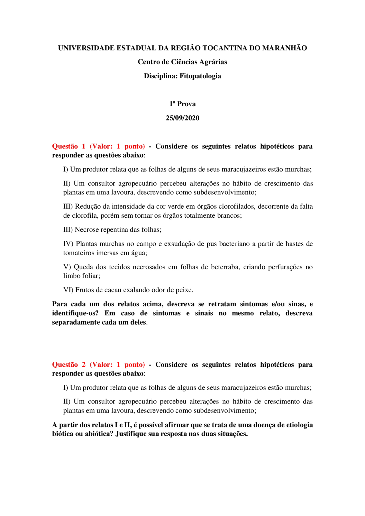 Prova Fitopatologia Florestal Docsity