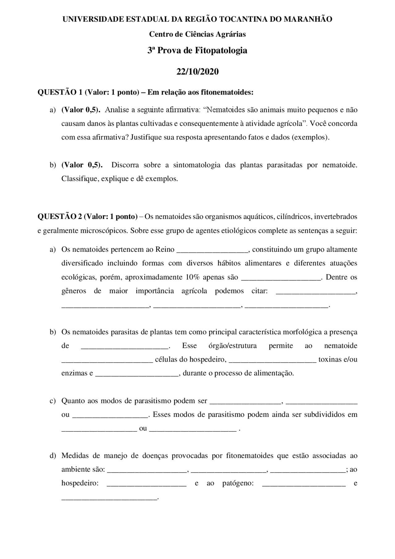Prova Fitopatologia Florestal Docsity