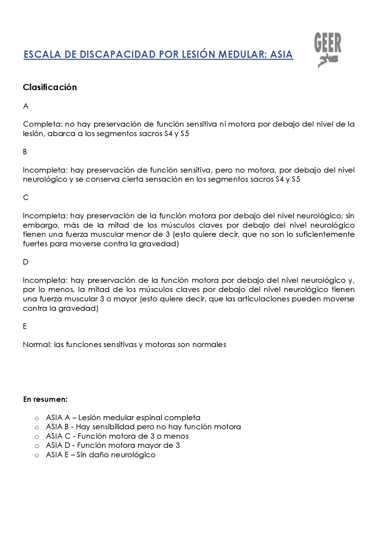 ESCALA ASIA EN FISIOTERAPIA TECNOLOGIA MEDICA - Docsity