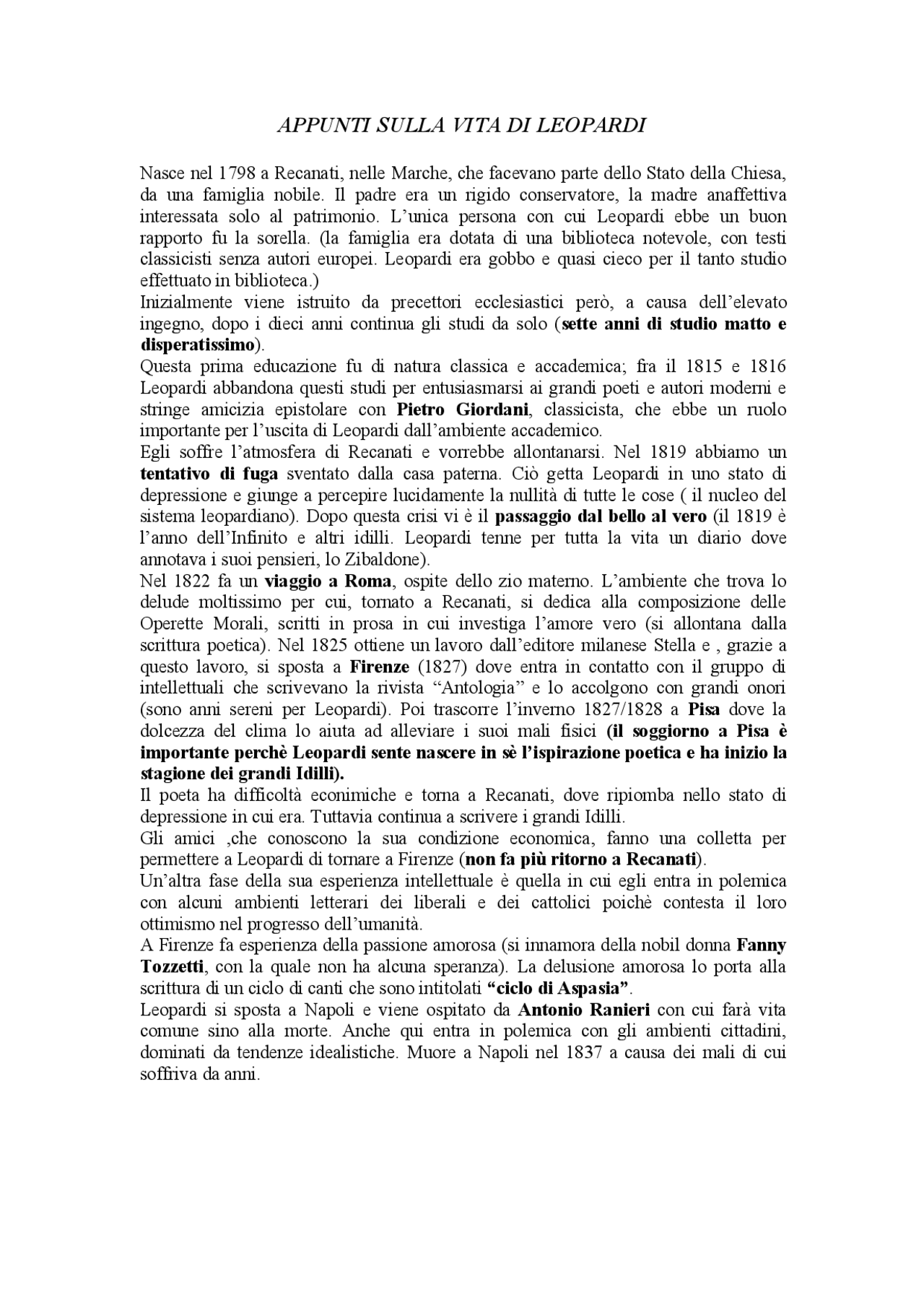 Appunti Sulla Vita Di Leopardi Docsity