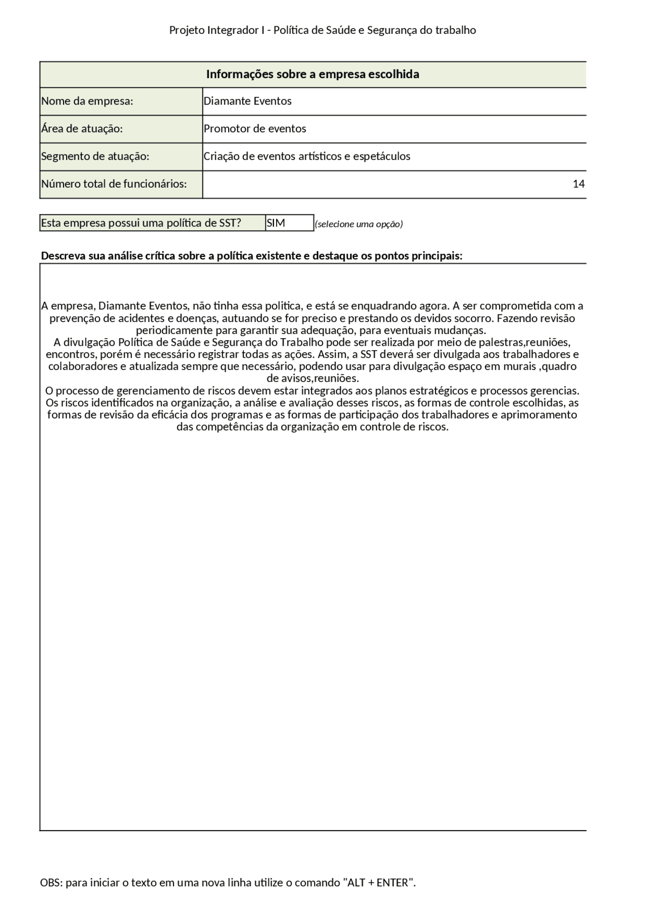 Trabalho Integrador Execel Curso Segurança Do Trabalho Trabalhos