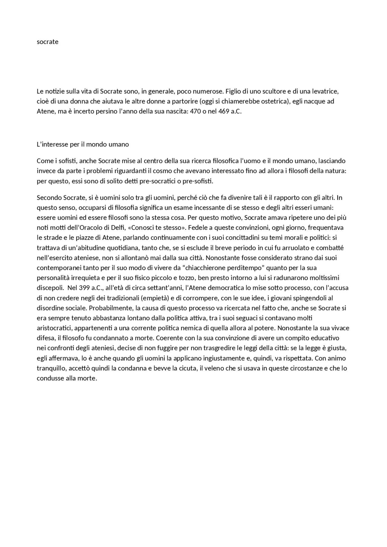 Il pensiero di socrate - Docsity