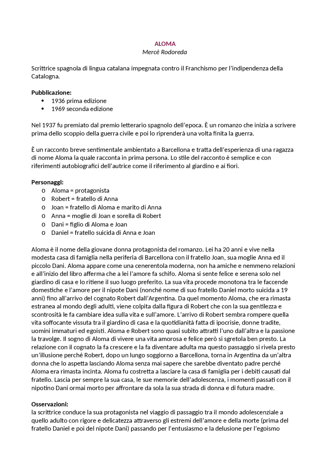 Analisi del libro Aloma di Mercè RODOREDA | Appunti di Catalano - Docsity
