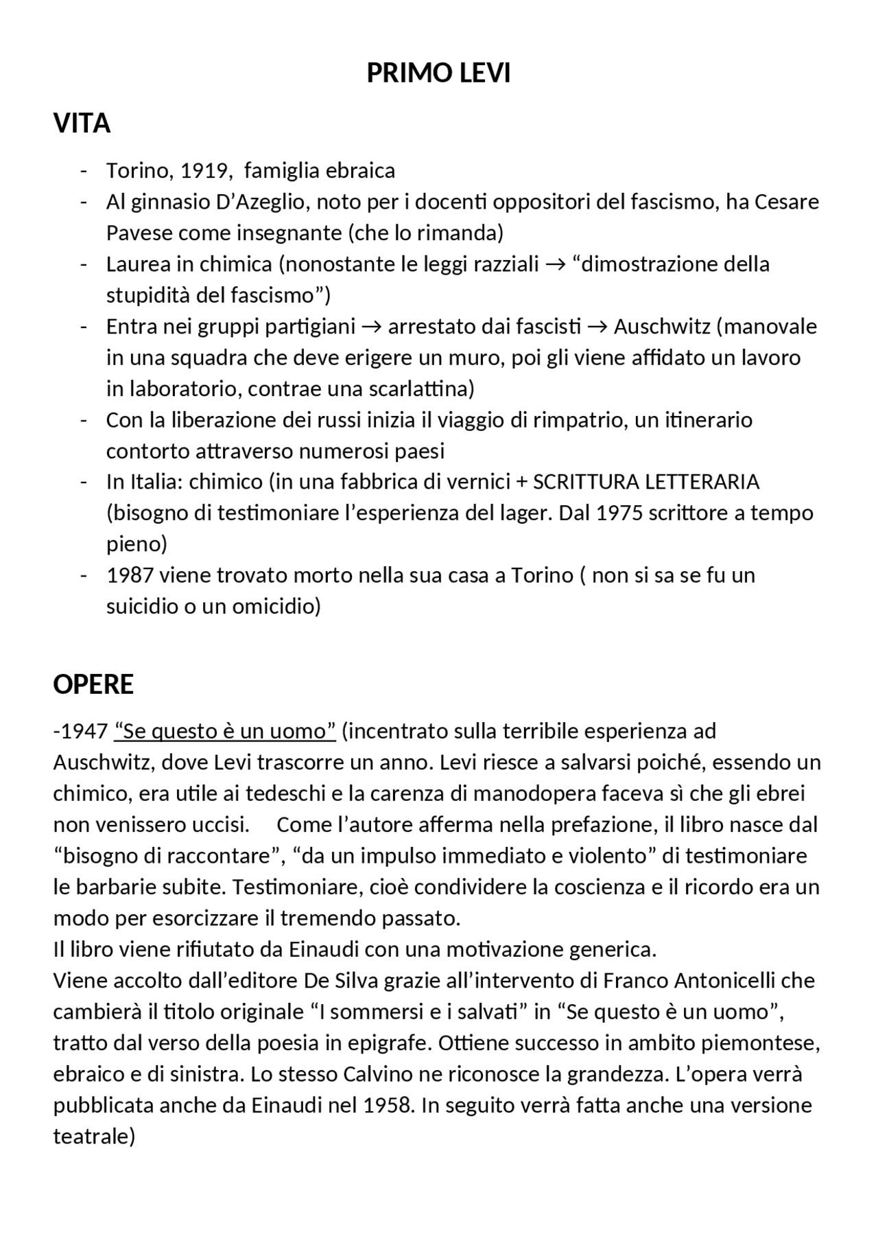 RIASSUNTO DETTAGLIATO DELLA VITA DI PRIMO LEVI E DI "LA TREGUA ...