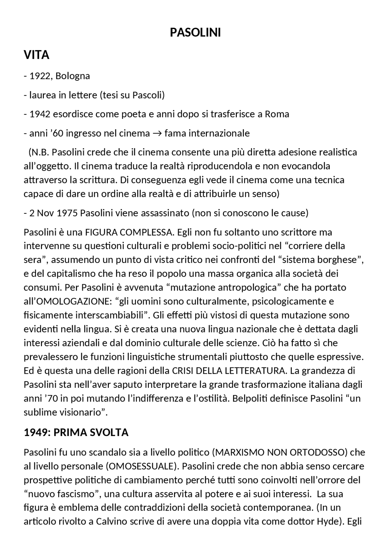 Riassunto Della Vita Di Pasolini E Di Scritti Corsari Docsity
