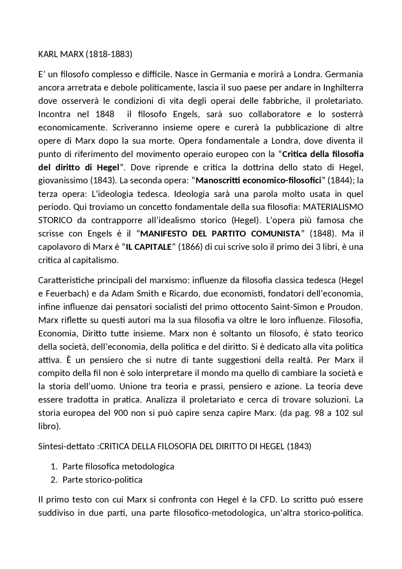 Marx Riassunti Filosofia Docsity
