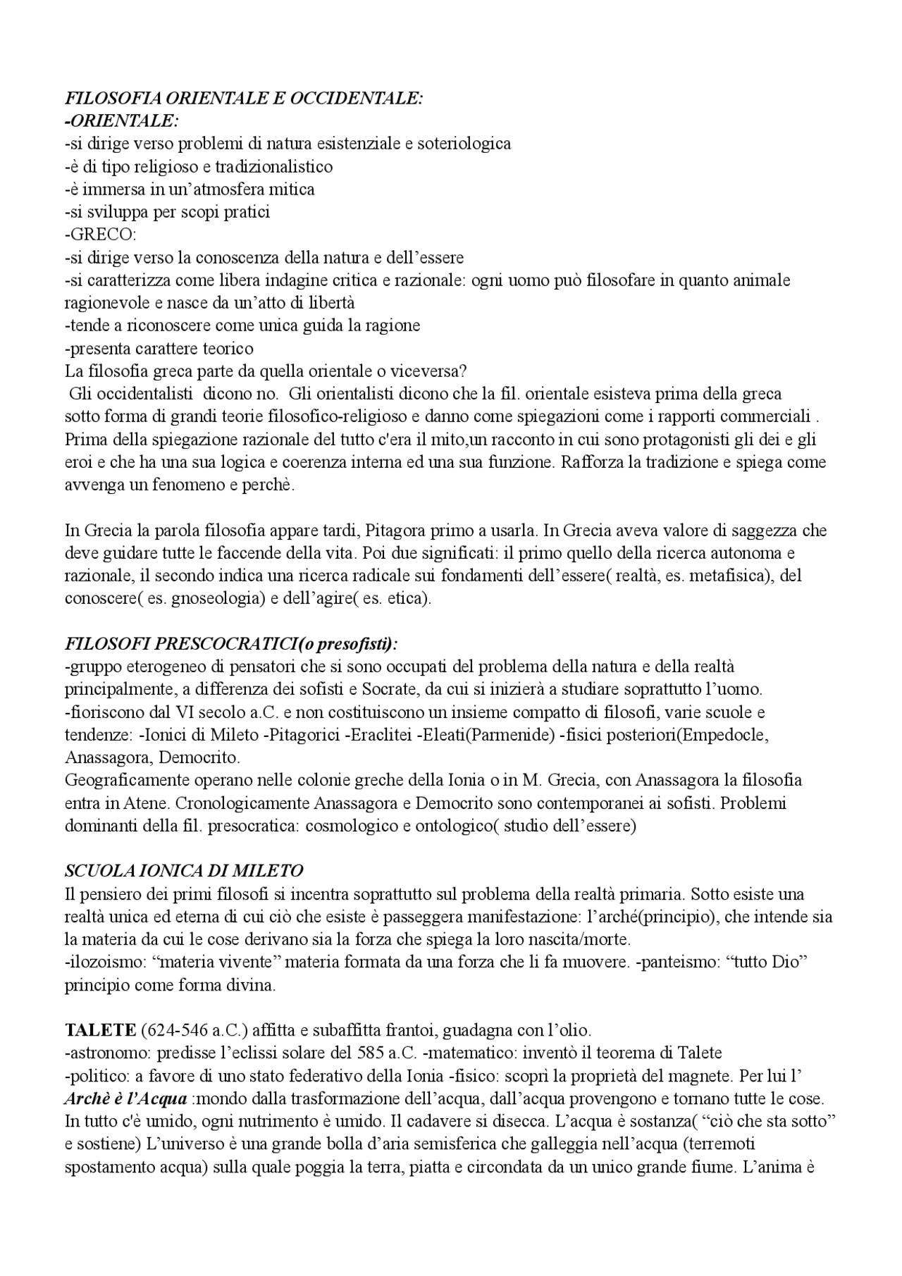 Schema riassuntivo dai filosofi presocratici ai sofisti - Docsity