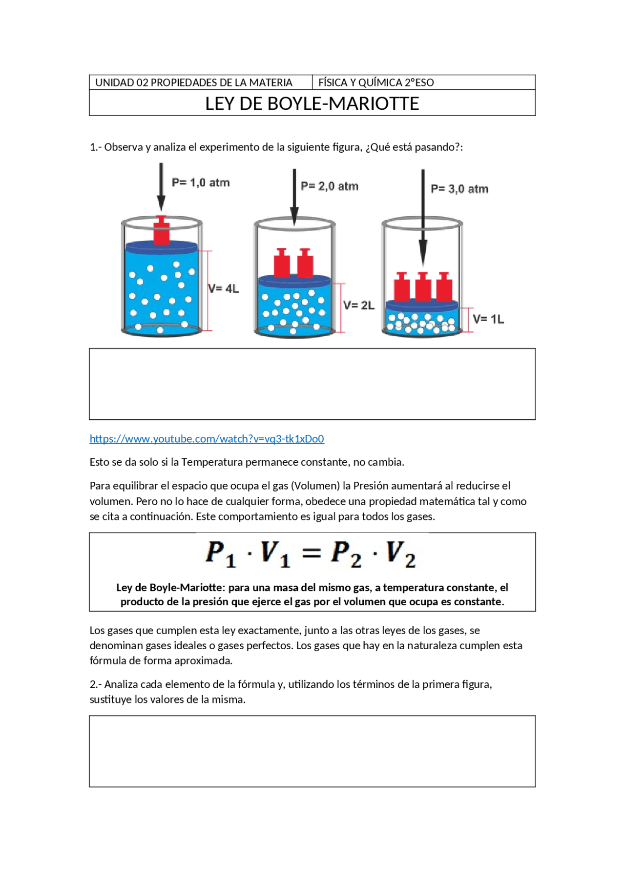 Ficha FÍSICA Y QUÍMICA 2ºESO Ley de Boyle-Mariotte | Ejercicios de Física | Docsity