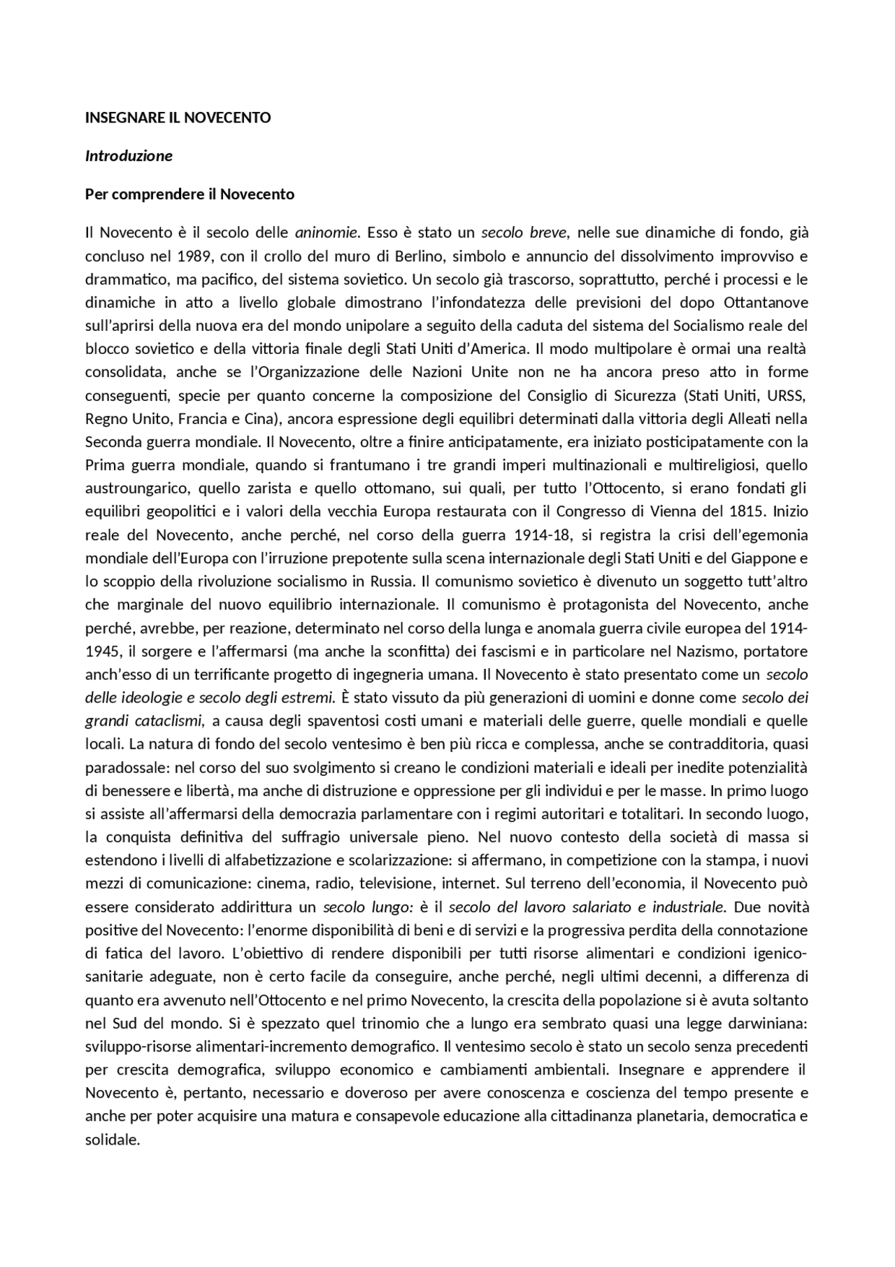 Insegnare Il Novecento Docsity