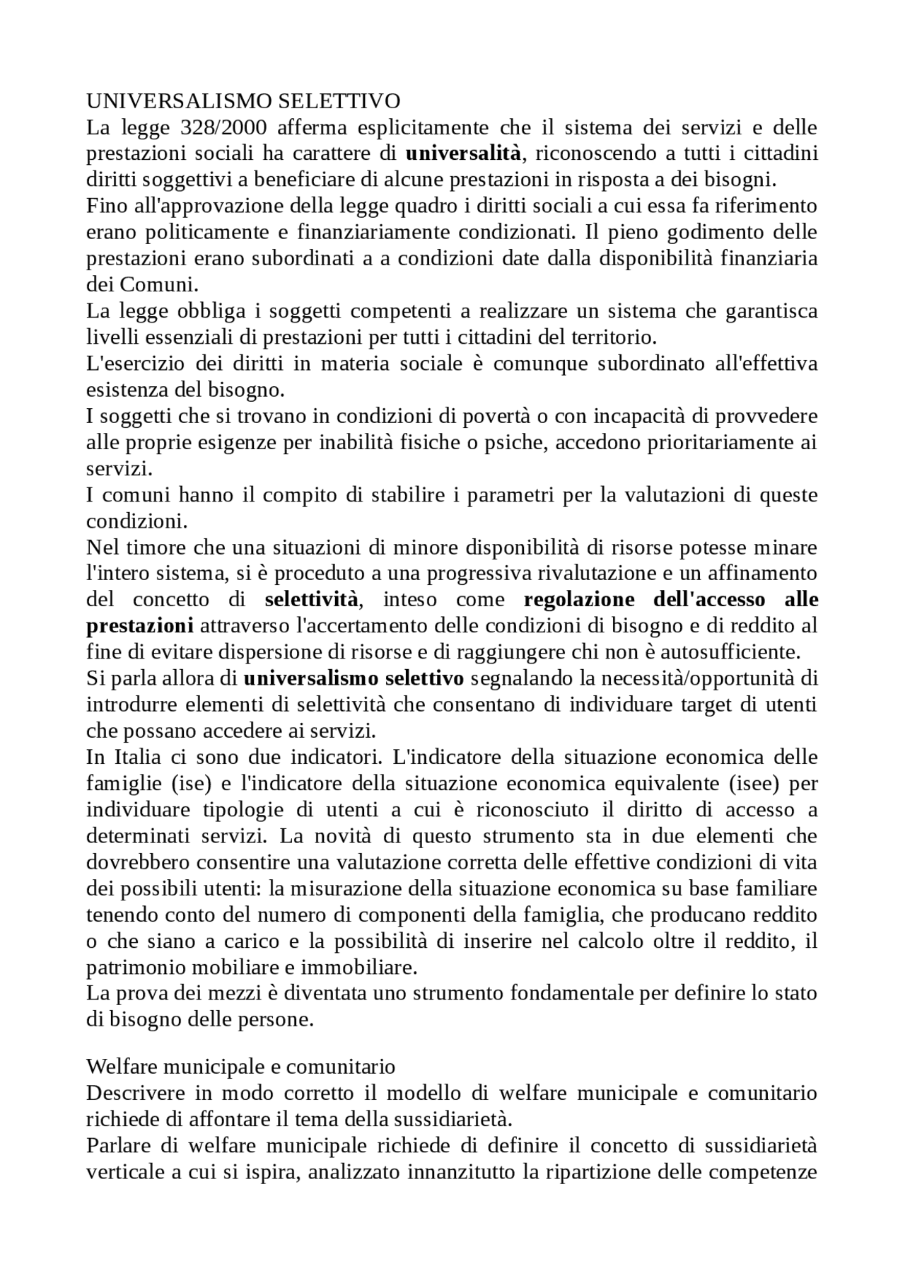 Appunti Universalismo Selettivo Appunti Di Scienze Sociali Docsity