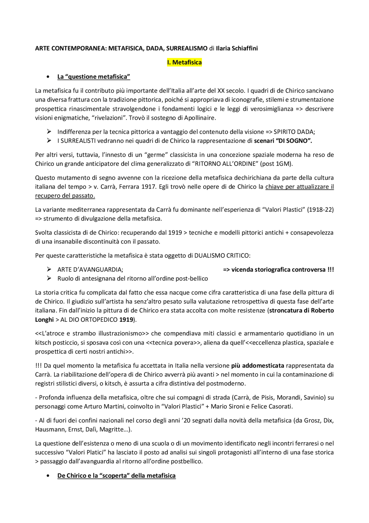 Riassunto Di Metafisica Dada Surrealismo Ilaria Schiaffini Docsity