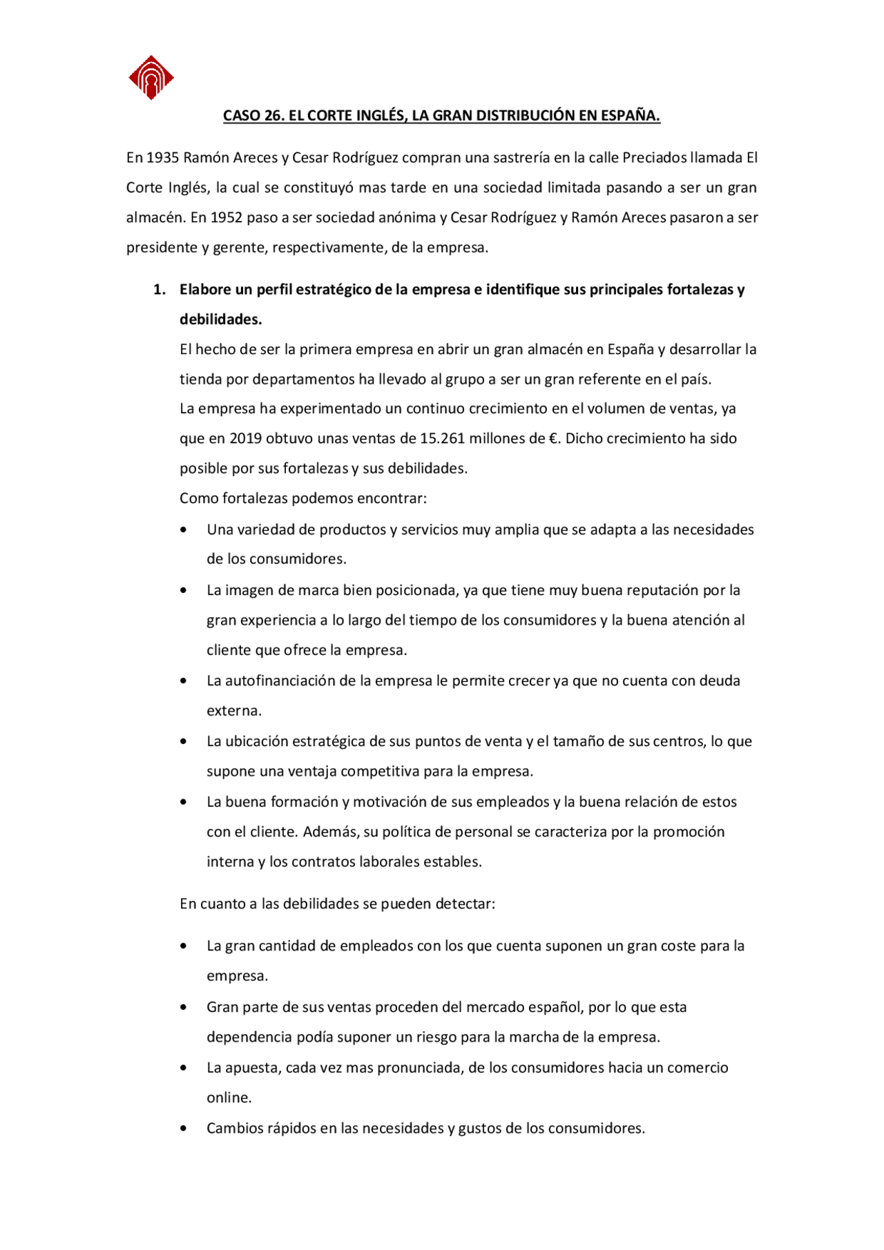 CASO EL CORTE INGLÉS | Ejercicios de Estrategia Empresarial | Docsity