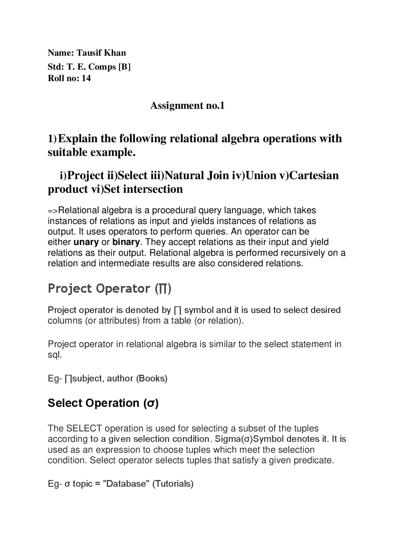Relational Algebra and SQL Constraints | Assignments Computer Science | Docsity