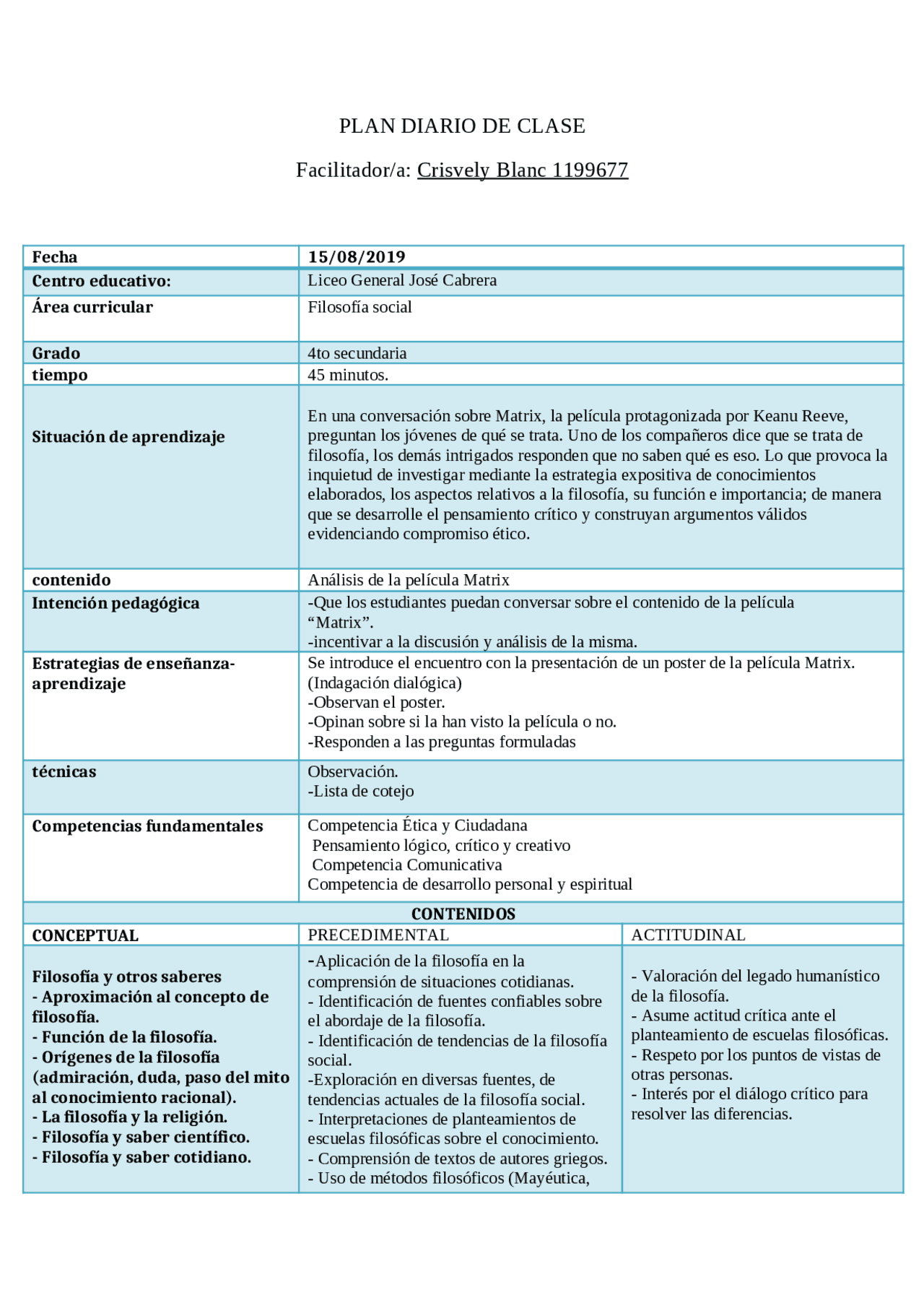 Plan diario de clase - Docsity