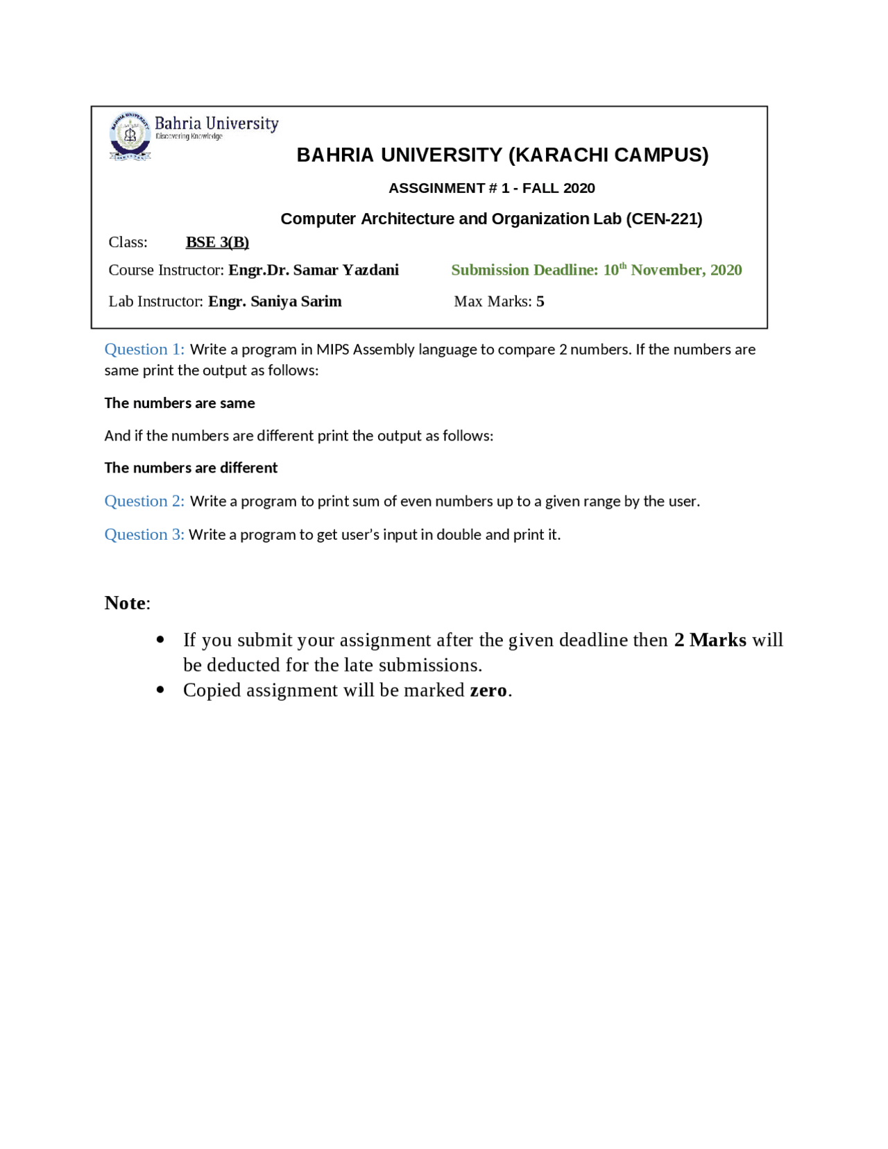 Computer Architecture and Organization Lab Assignment 1 - Fall 2020 (CEN-221) | Assignments ...