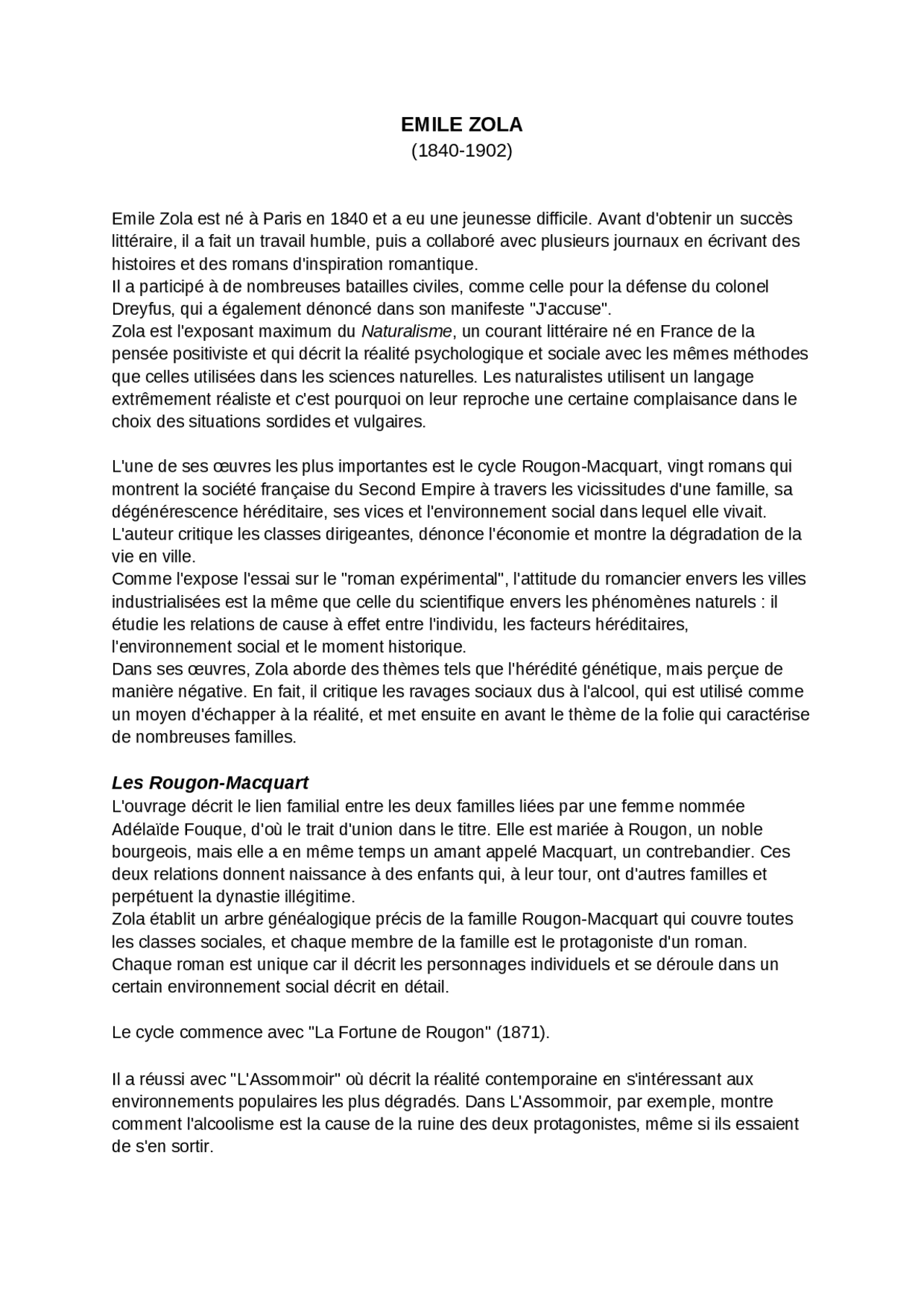 Emile Zola Et Les Rougon Macquart Docsity