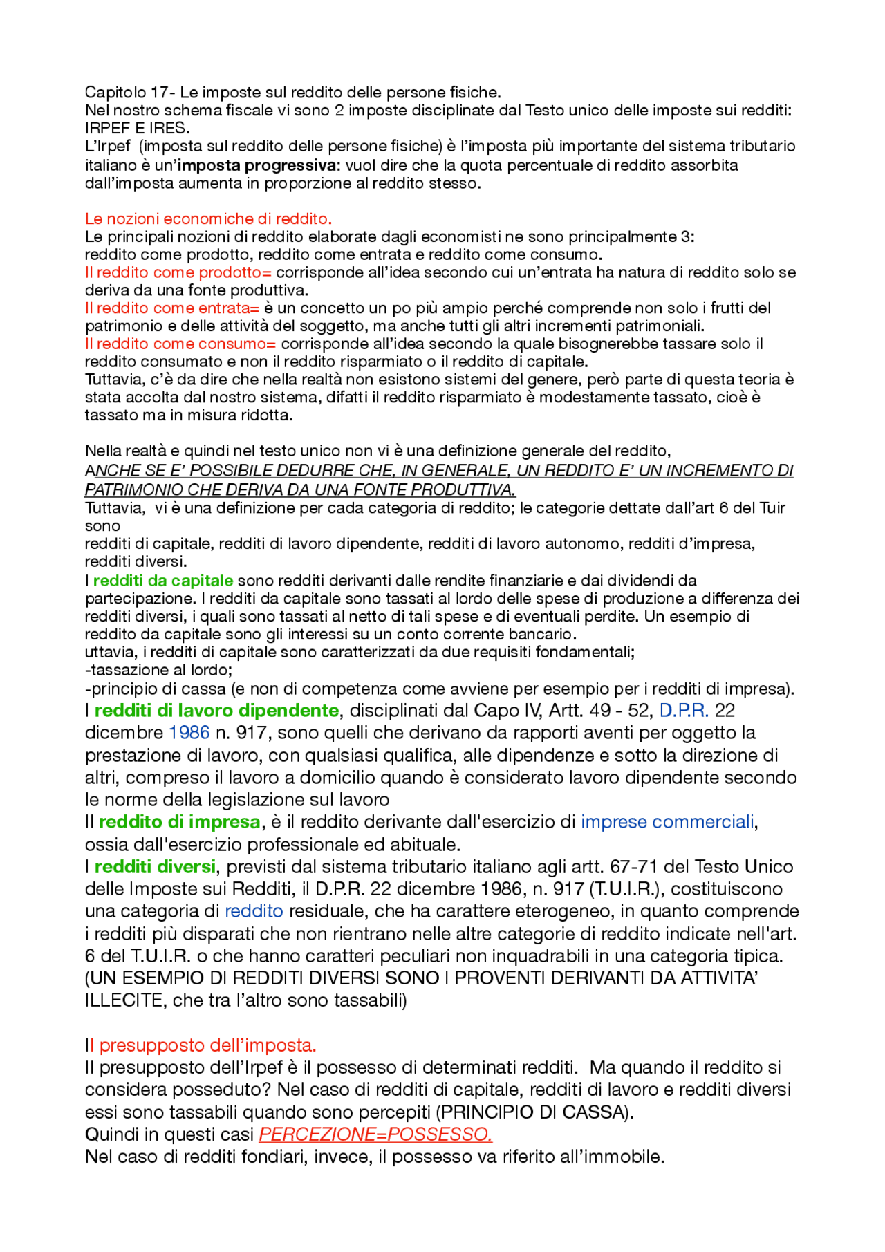 Irpef Diritto Tributario Nastri Prof Docsity