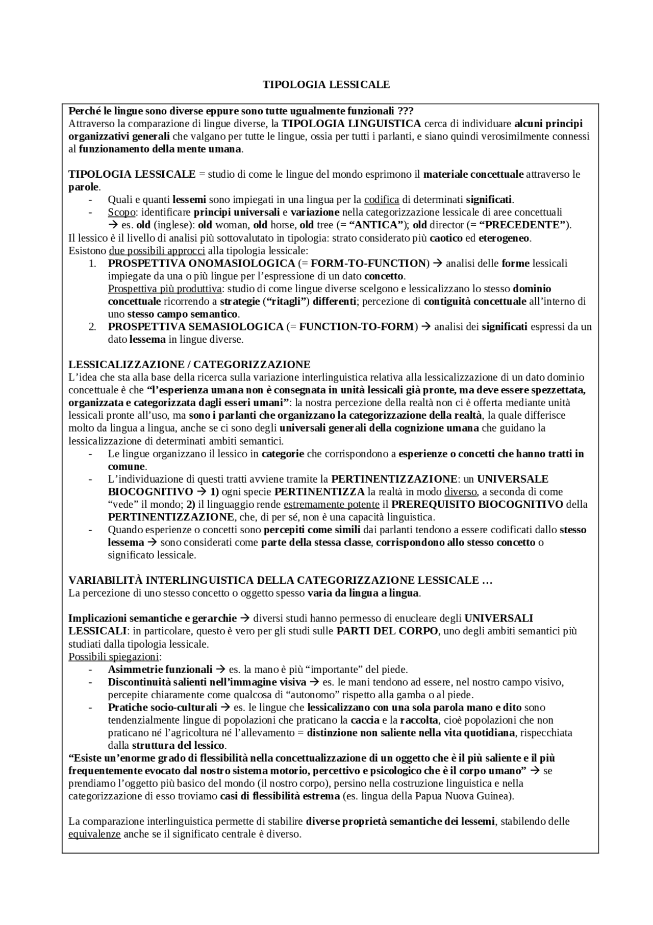 Tipologia Lessicale Appunti Di Glottologia Docsity