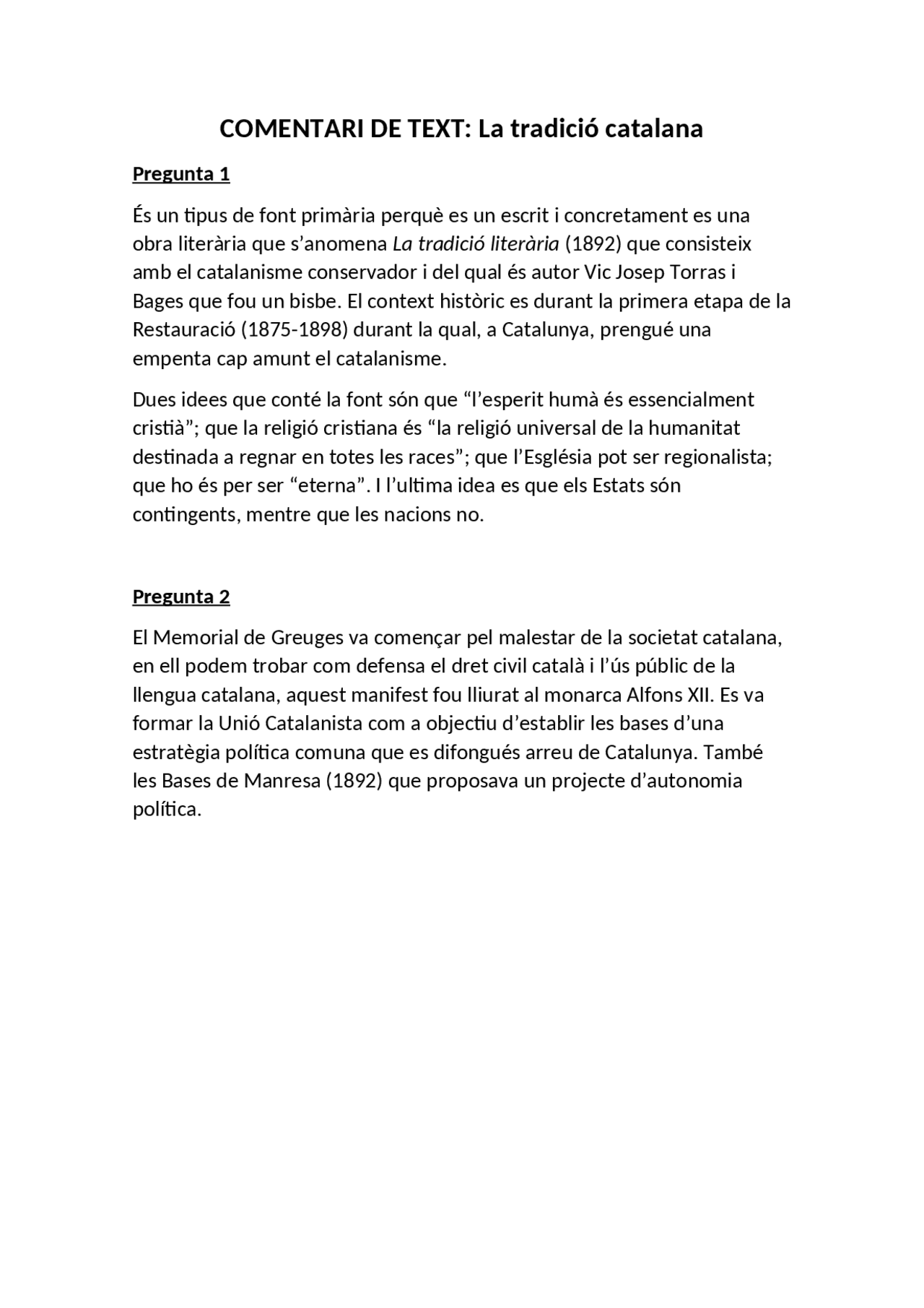 Comentaris de text tradicio catalana - Docsity