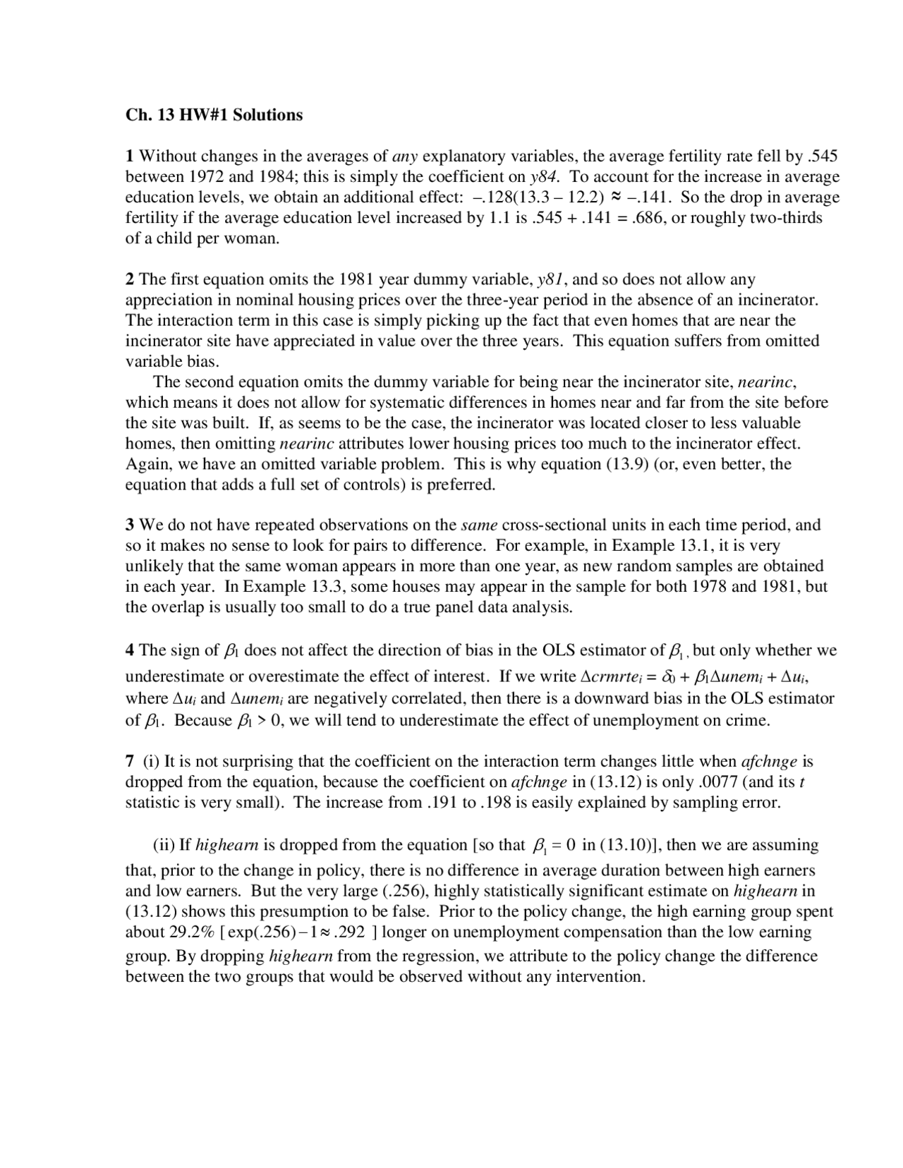 Hw1 Solutions Problems From Chapter 13 Wooldridge Docsity