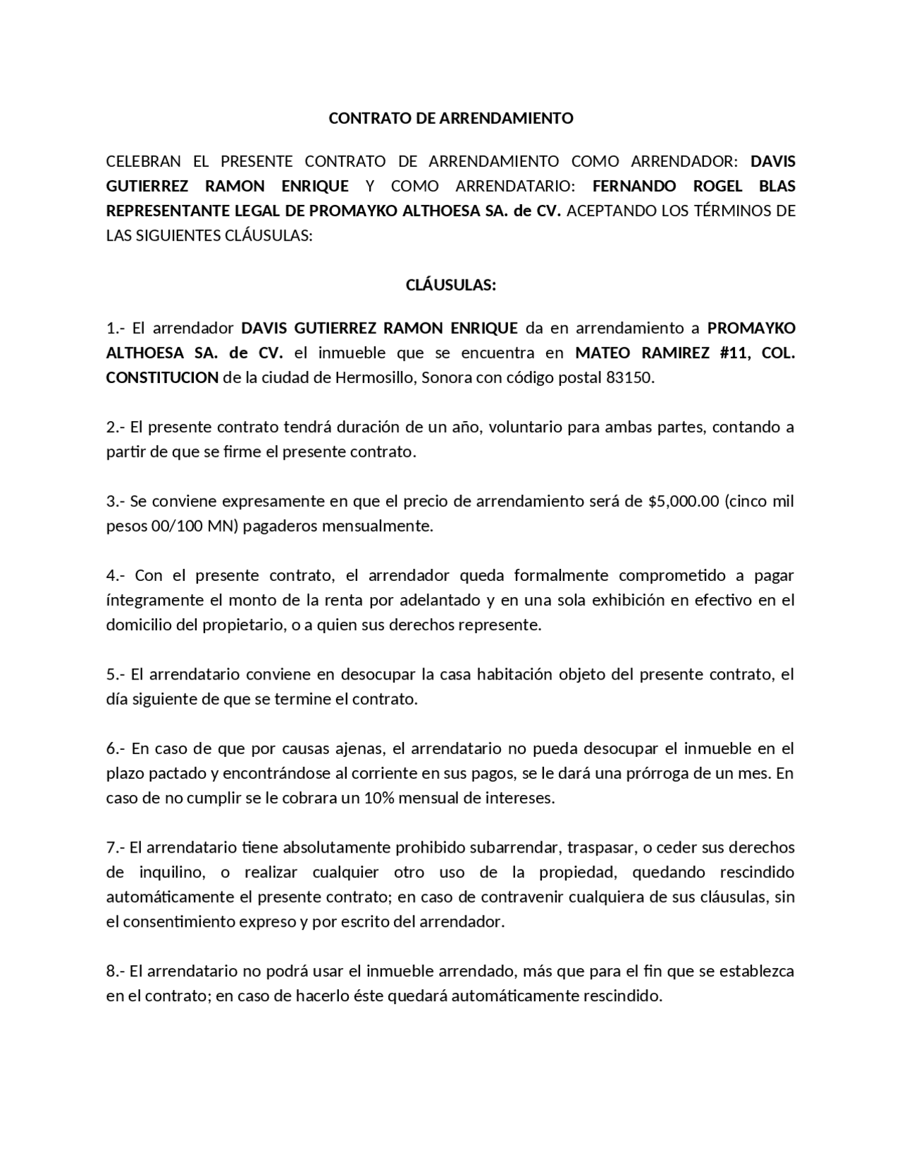 Ejemplo De Contrato De Arrendamiento Docsity