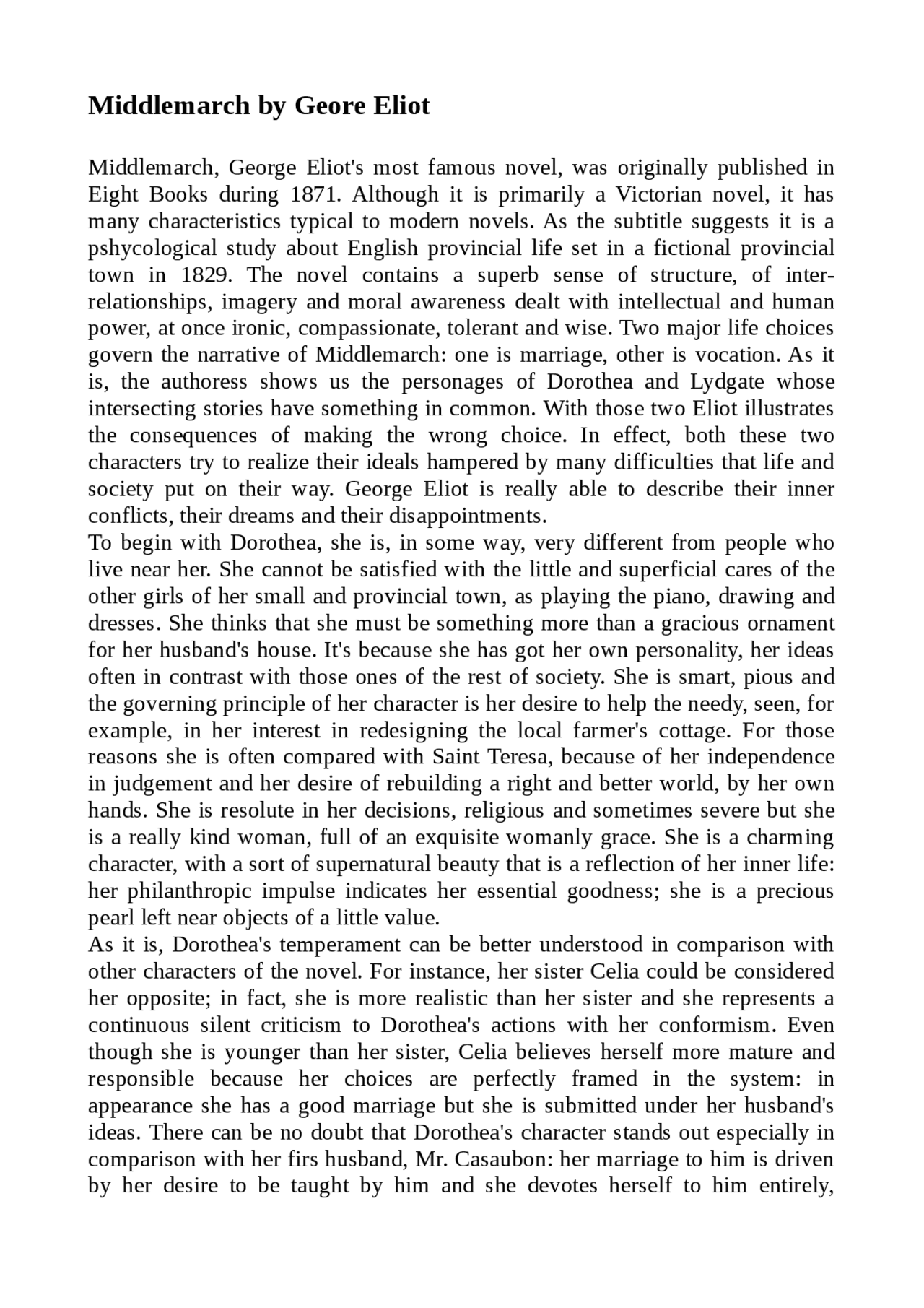 Middlemarch by George Eliot - Docsity