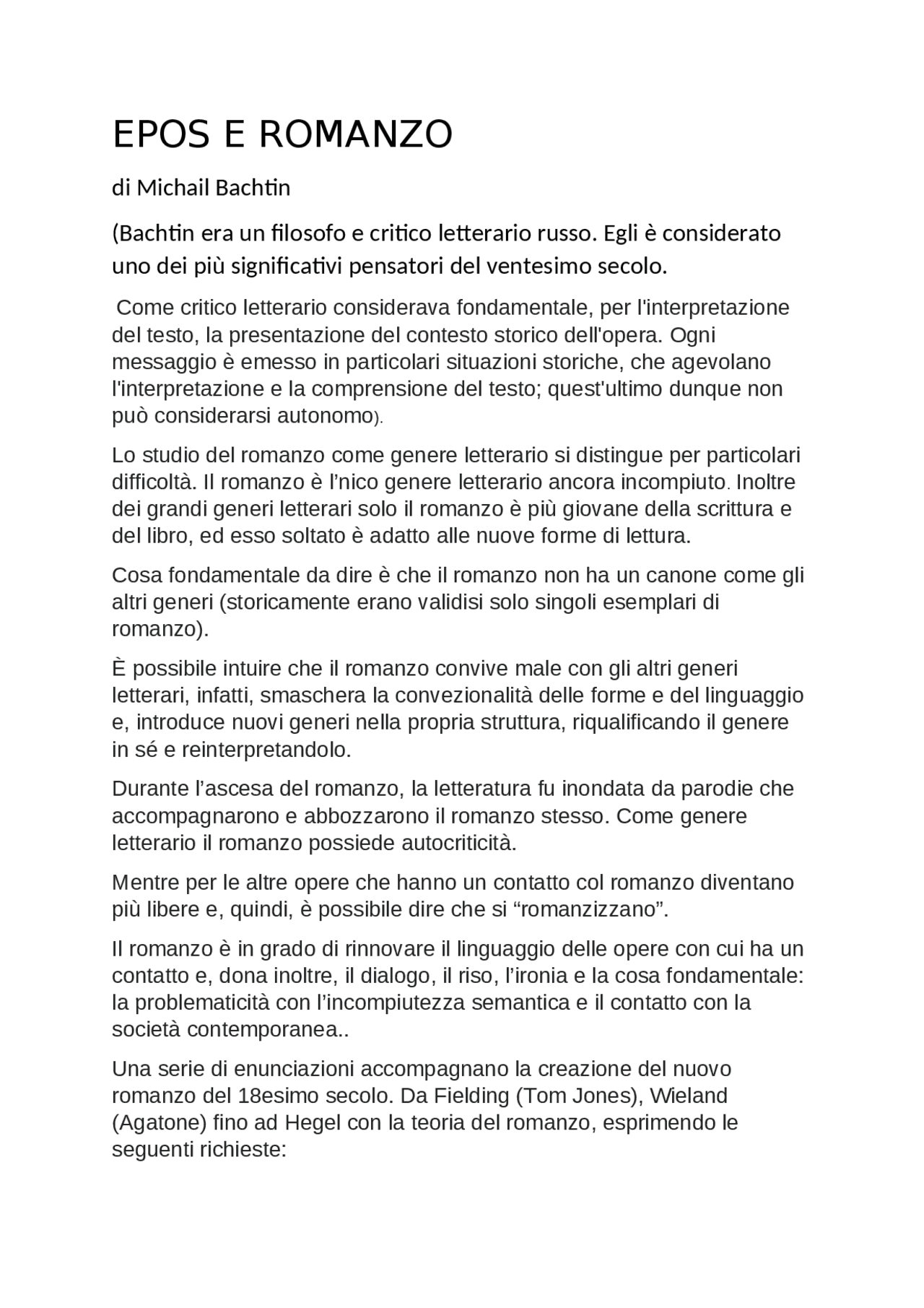 Epos E Romanzo Bachtin Docsity