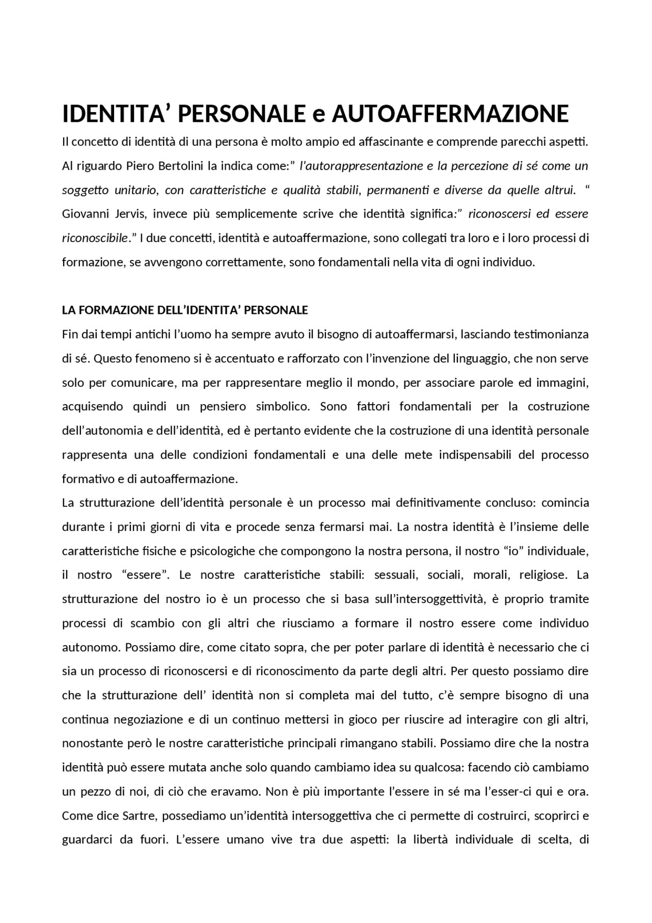 IDENTITA' PERSONALE E AUTOAFFERMAZIONE - Docsity