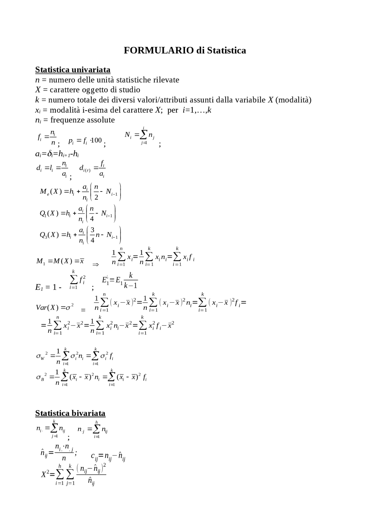 Formulario statistica - Docsity