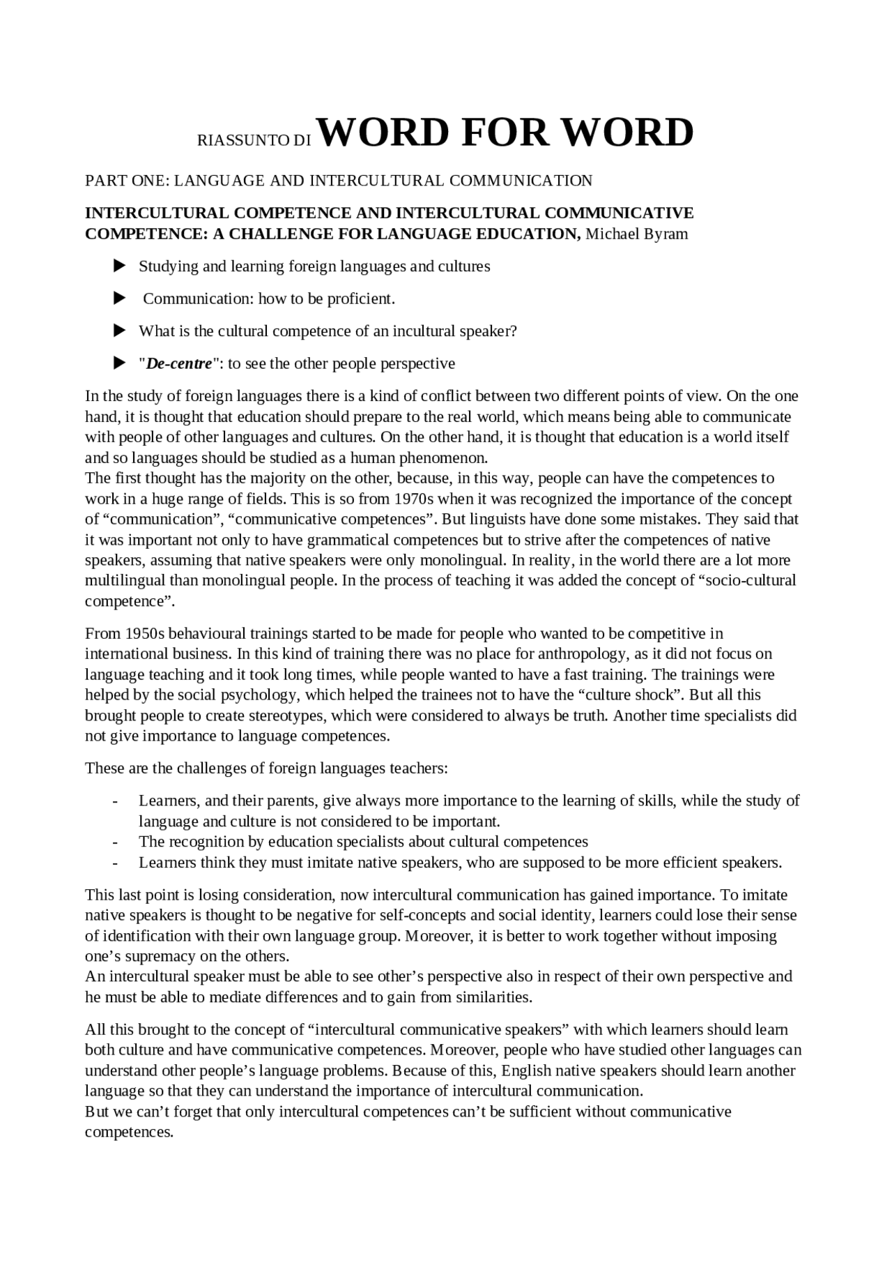 Riassunto Word For Word Docsity