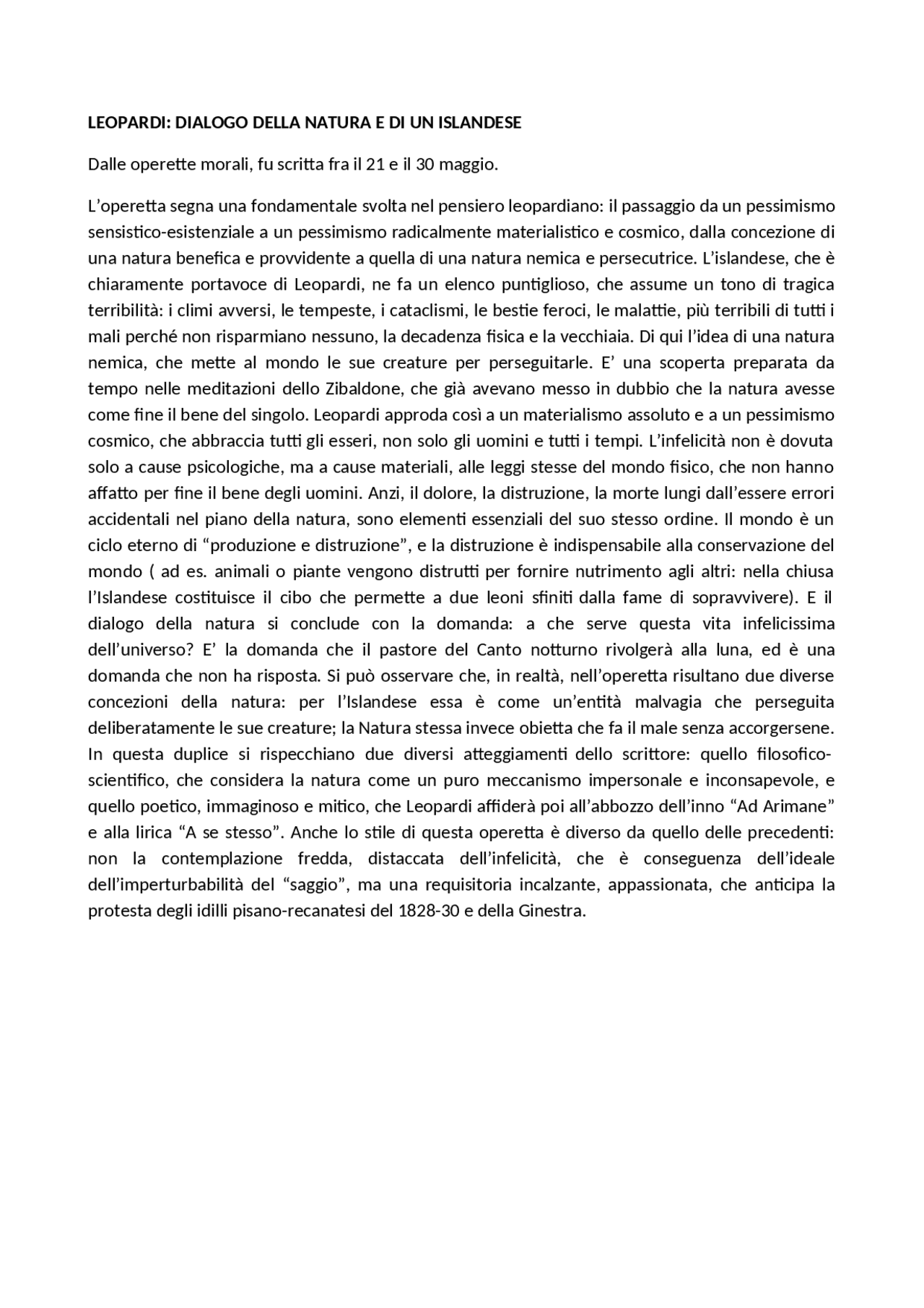 Leopardi Dialogo Della Natura E Di Un Islandese Docsity