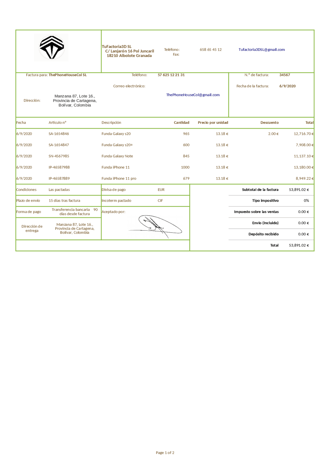 Ejemplo factura comercial | Ejercicios de Economía de la Empresa - Docsity
