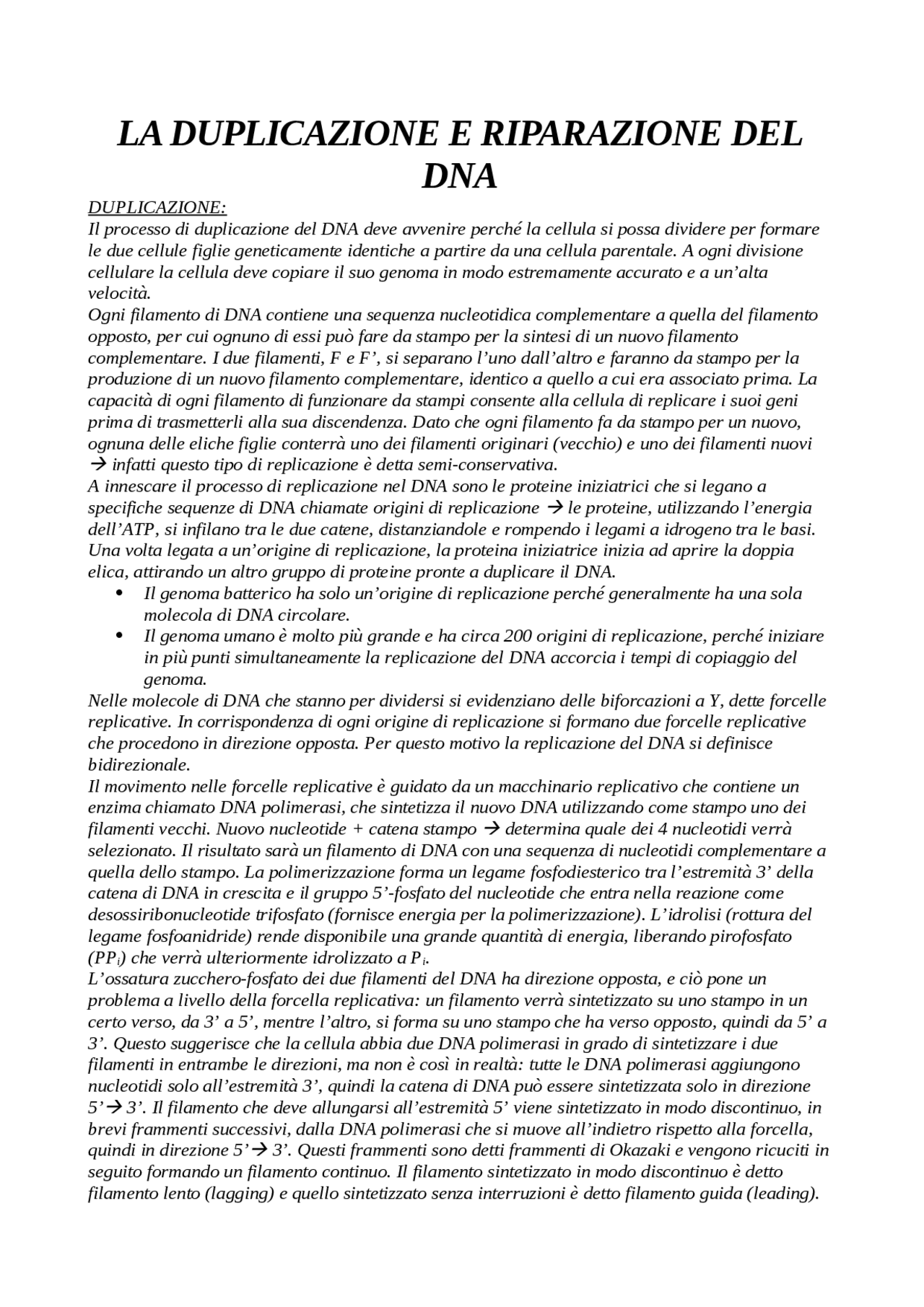 La Duplicazione E Riparazione Del Dna Docsity