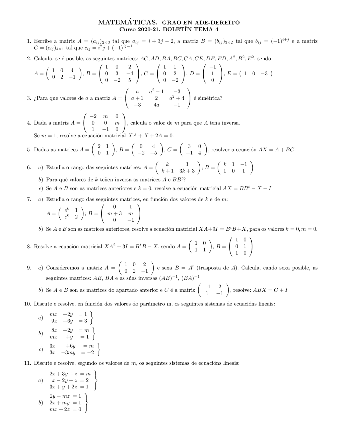 Boletín Tema 4 Matrices Docsity