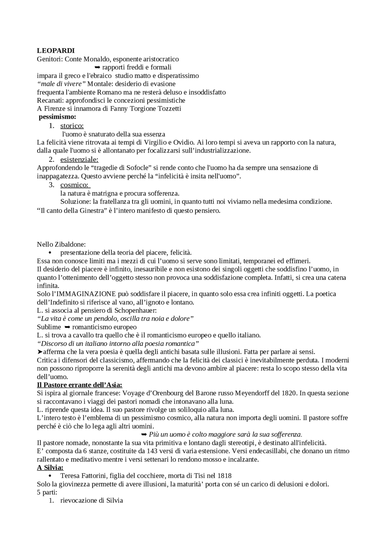 Giacomo Leopardi Schemi E Appunti Docsity
