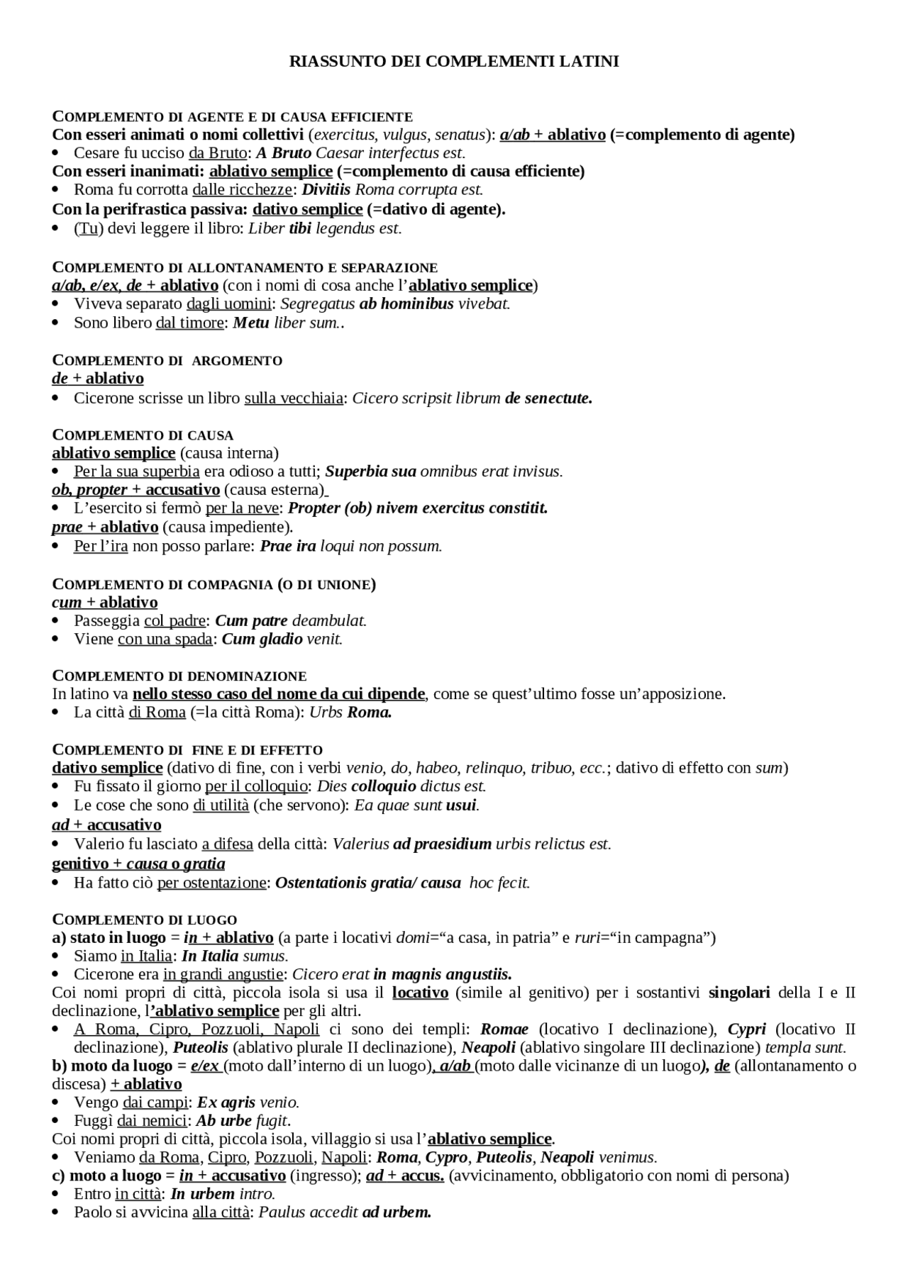 Riassunto Complementi Latini Appunti Di Lingua Latina Docsity