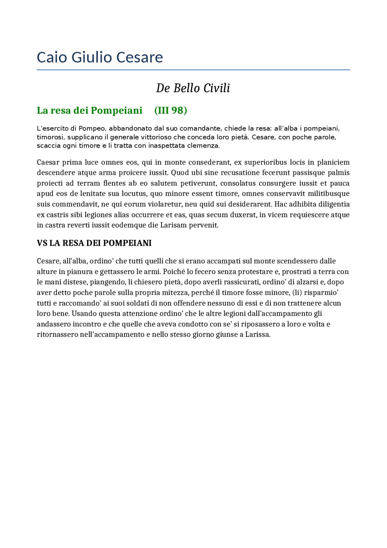 Caio Giulio Cesare - De Bello Civili - Docsity