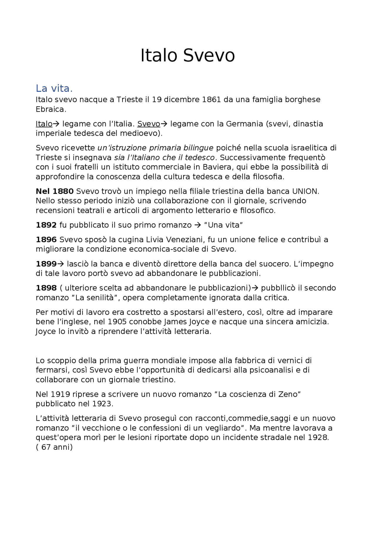 Italo Svevo-vita e opere - Docsity