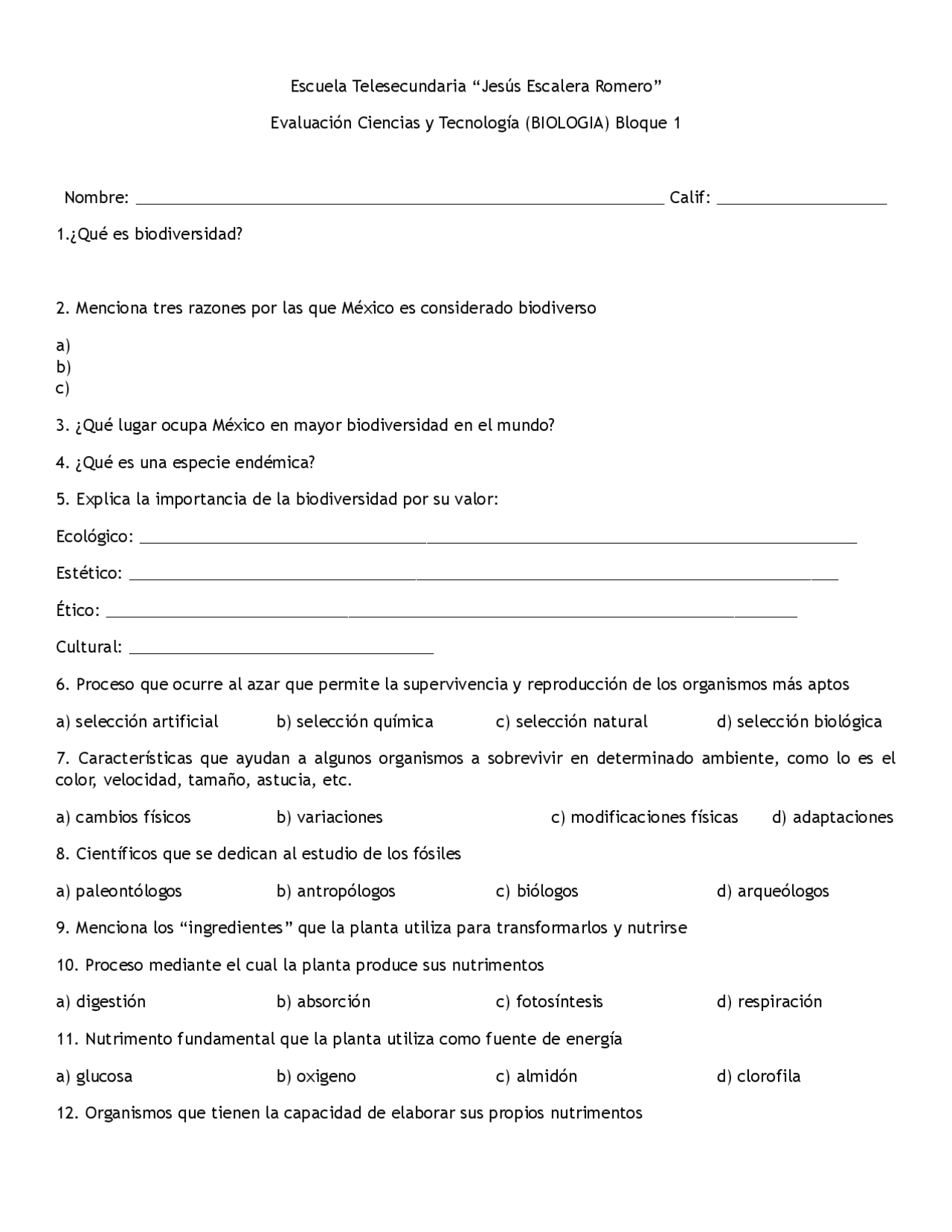 Examen De Introduccion A La Biología Exámenes De Biología Docsity