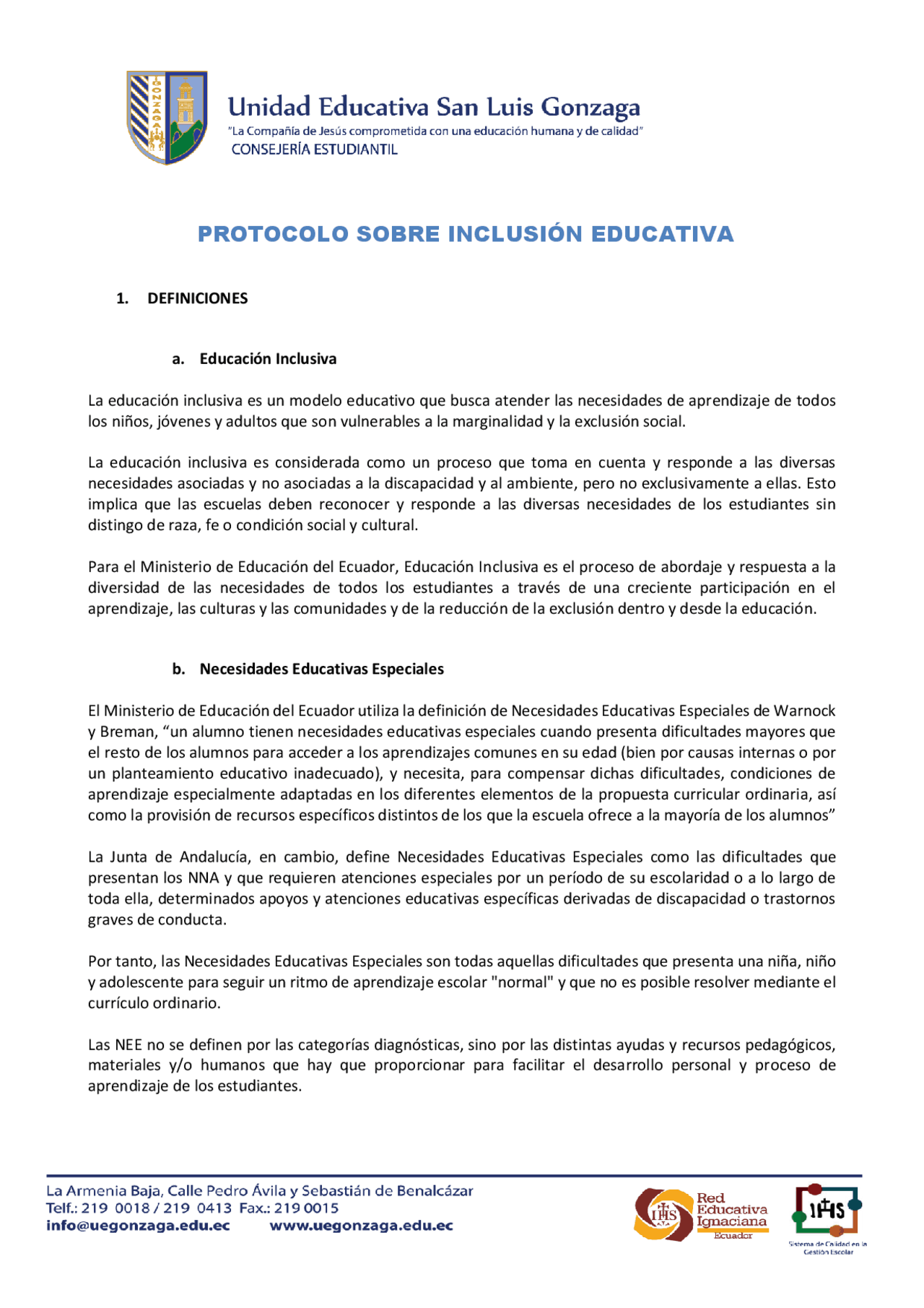 PROTOCOLOS INTERNOS DE NEE - Docsity