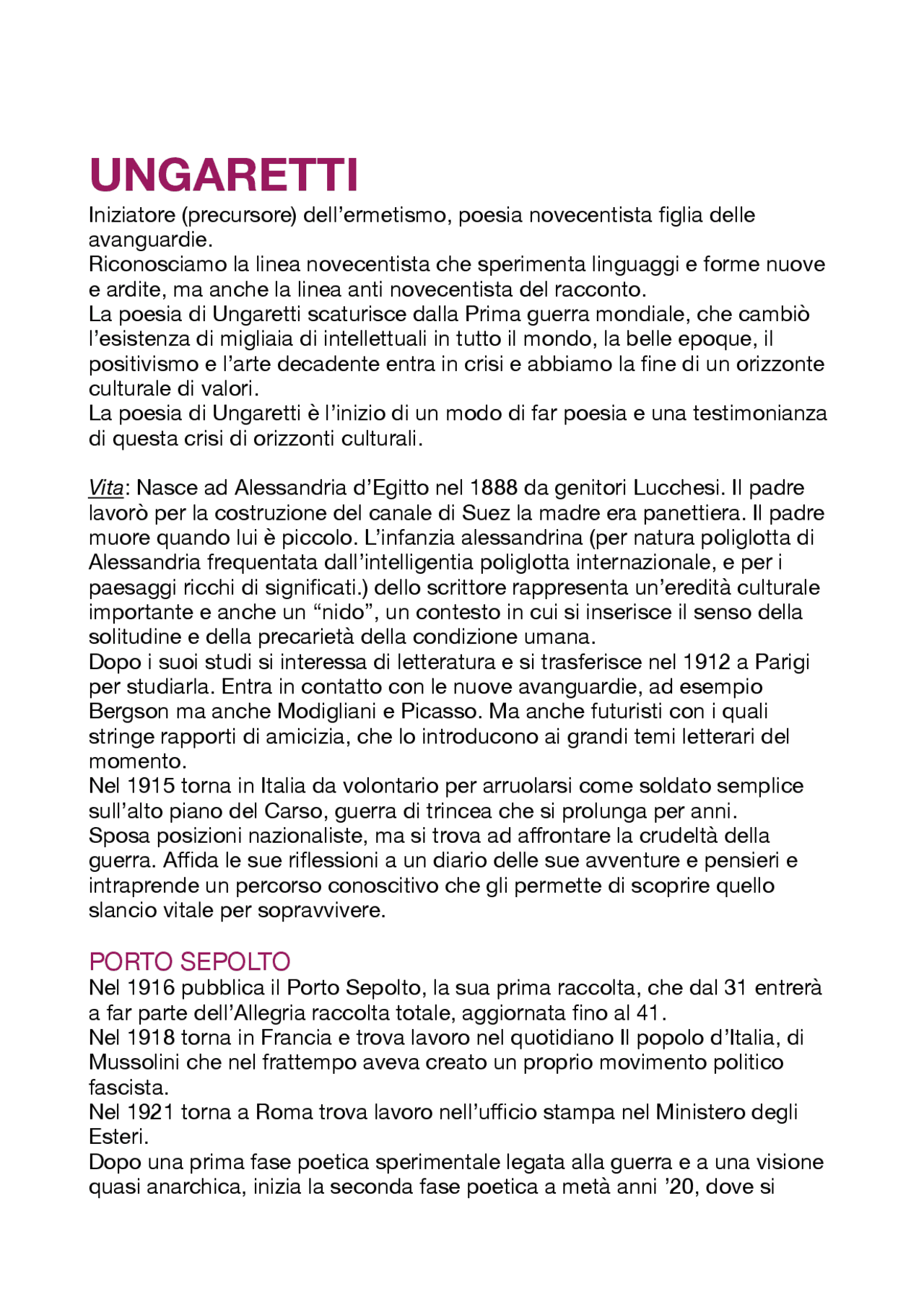 Vita poetica e opere di Ungaretti - Docsity