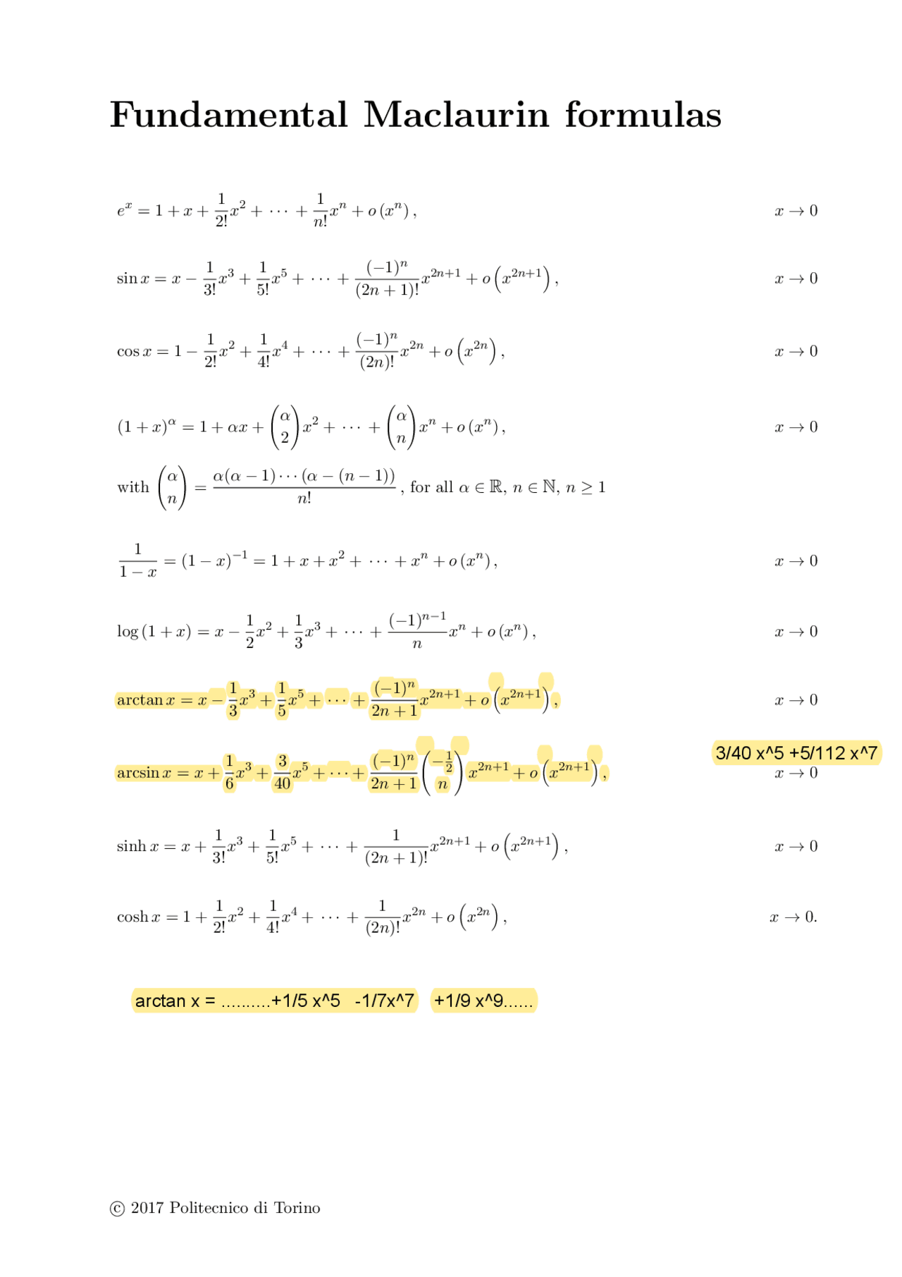 Fundamental Maclaurin formulas.pdf - Docsity