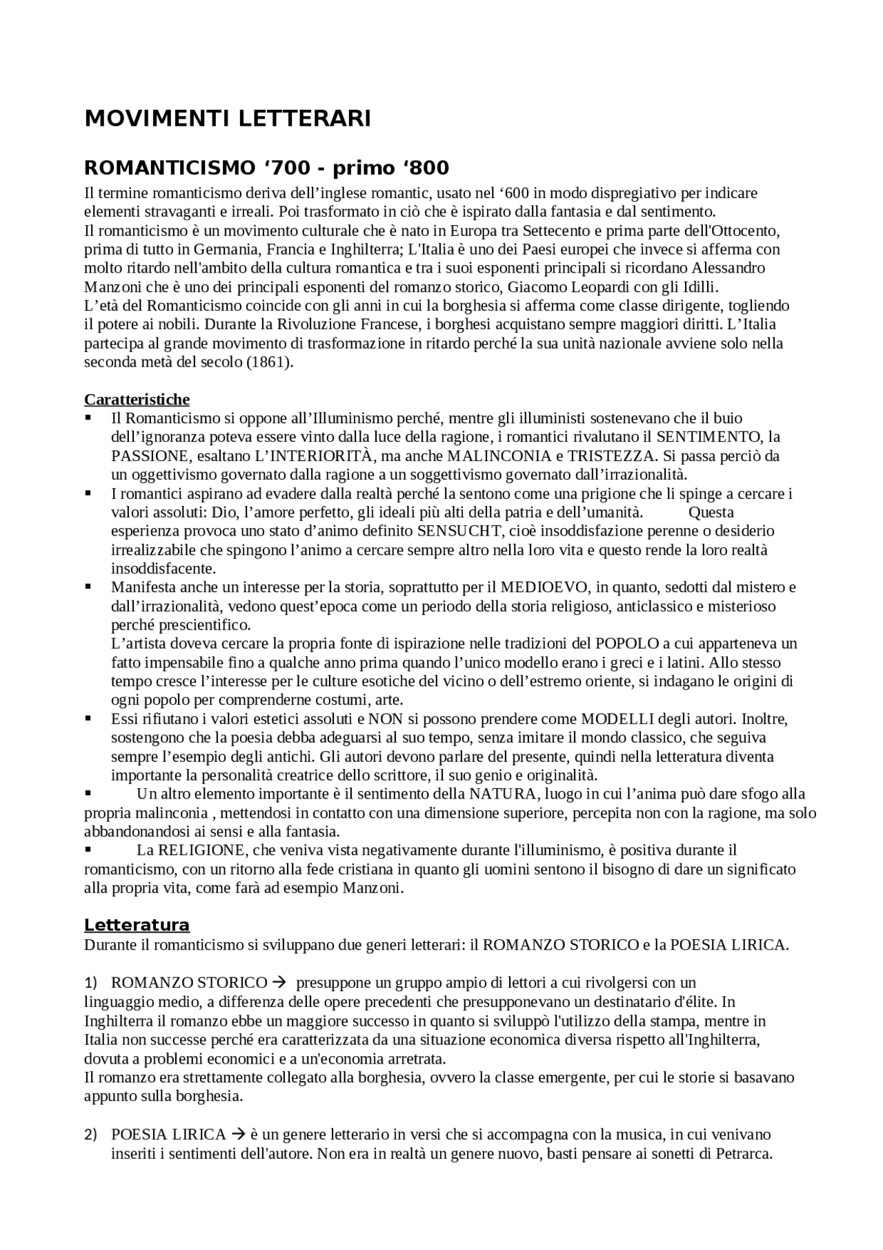 MOVIMENTI LETTERARI - Docsity