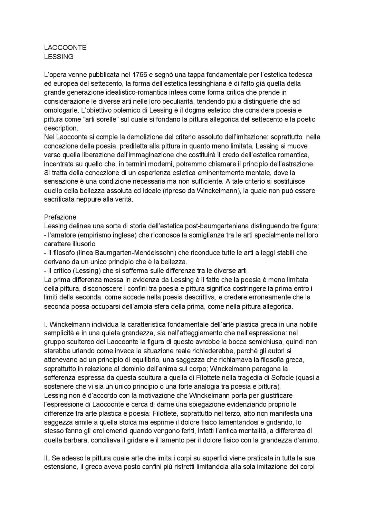 Laocoonte Lessing Riassunto Sintesi Del Corso Di Filosofia Docsity