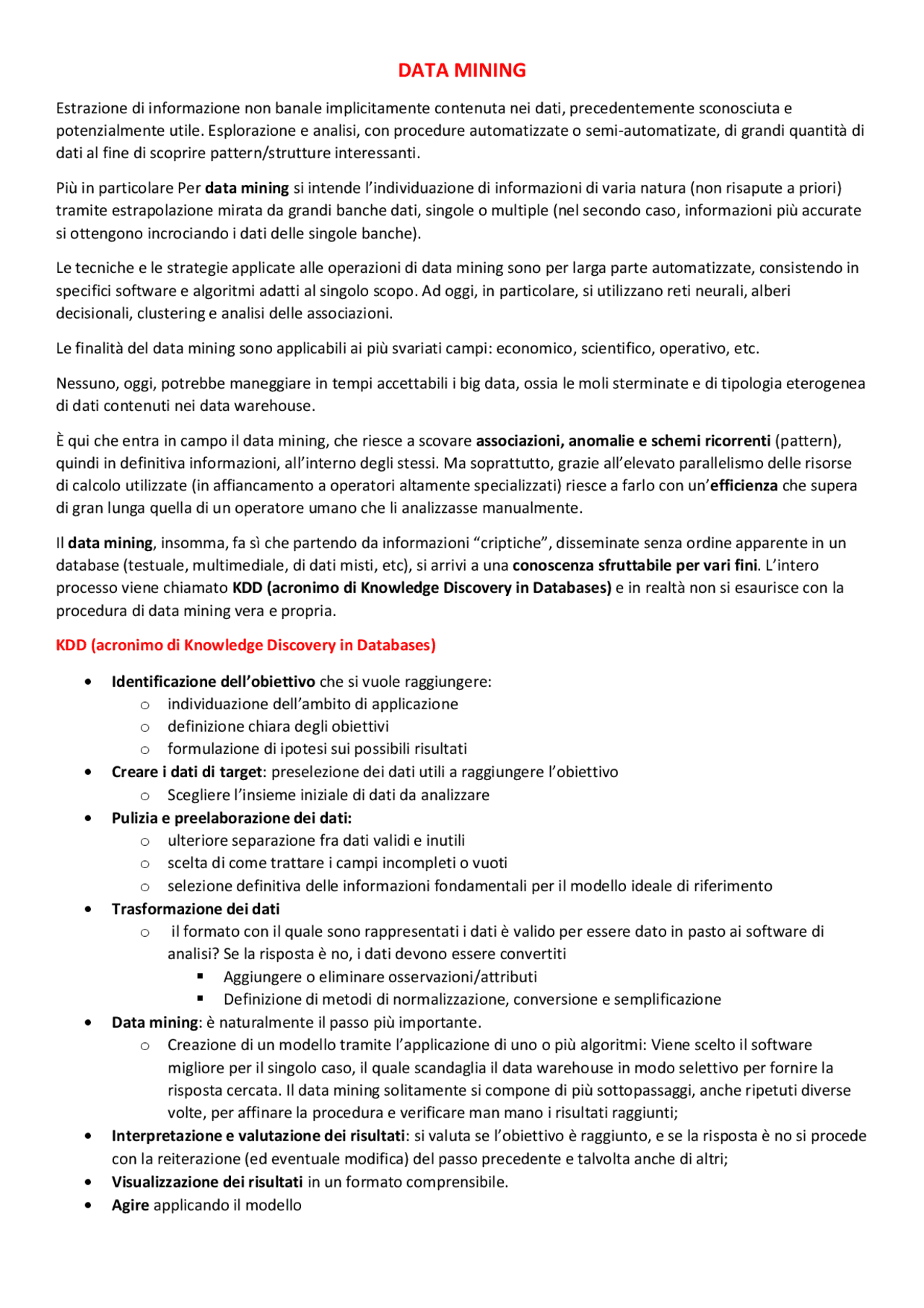 Teoria riguardante DATA MINING - Docsity