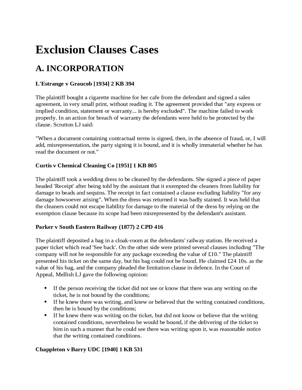 Notes on Exclusion clause cases for Contract Law and Notes on ...